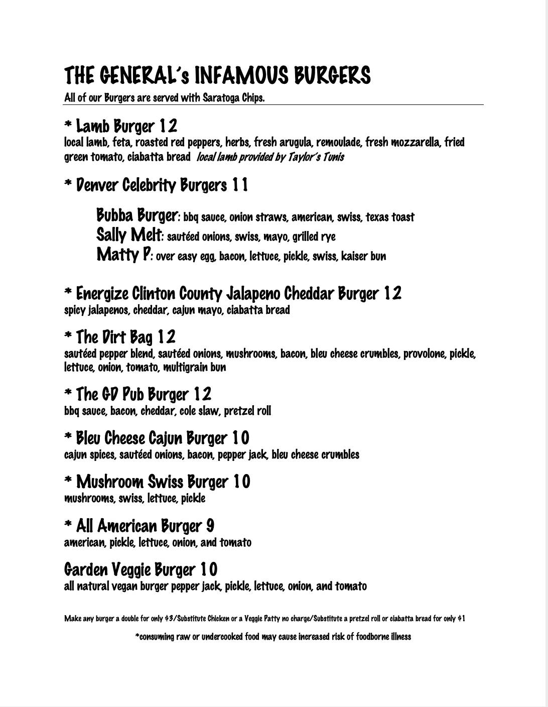 Menu at General Denver Hotel restaurant, Wilmington
