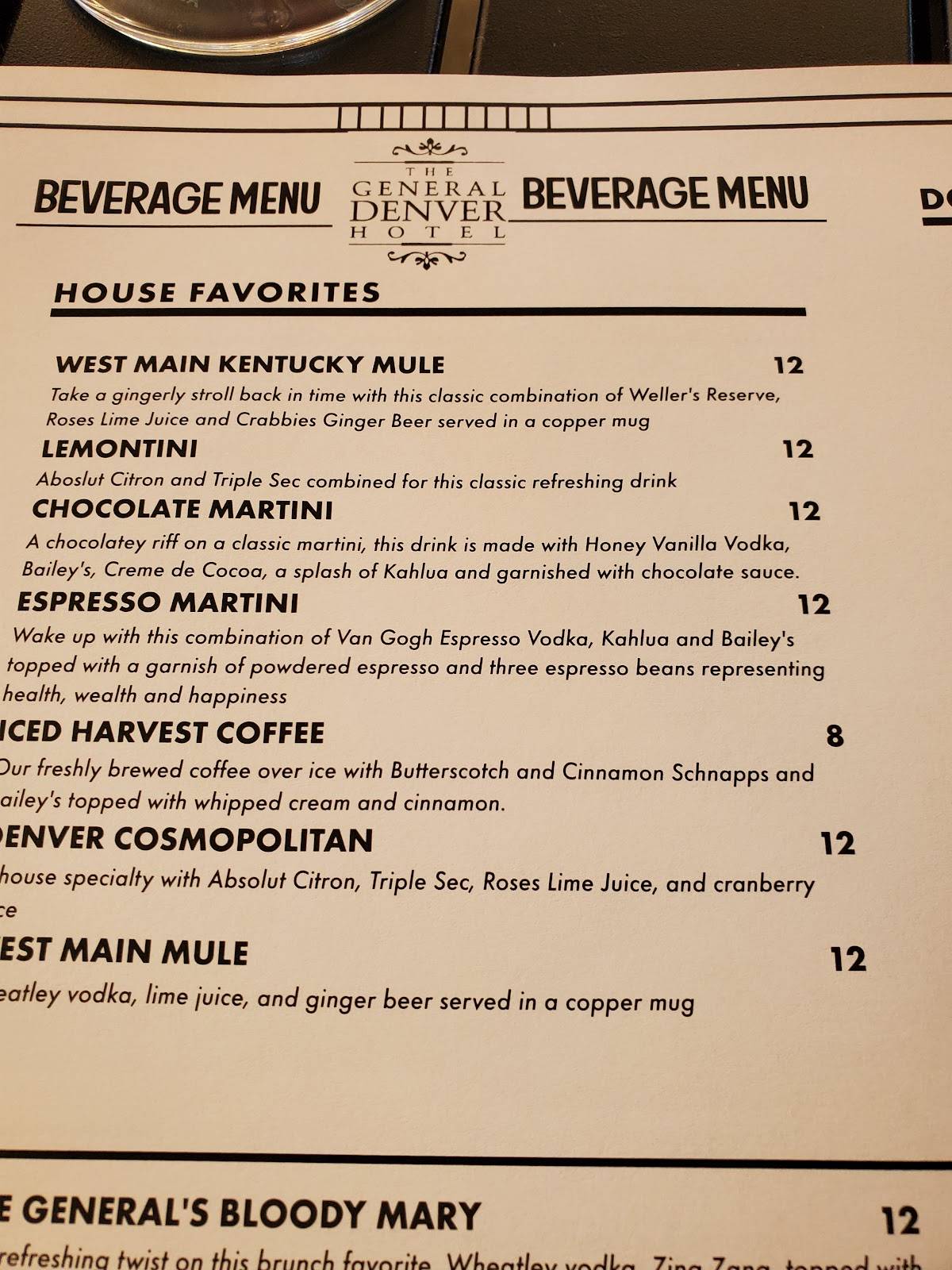 Menu at General Denver Hotel restaurant, Wilmington