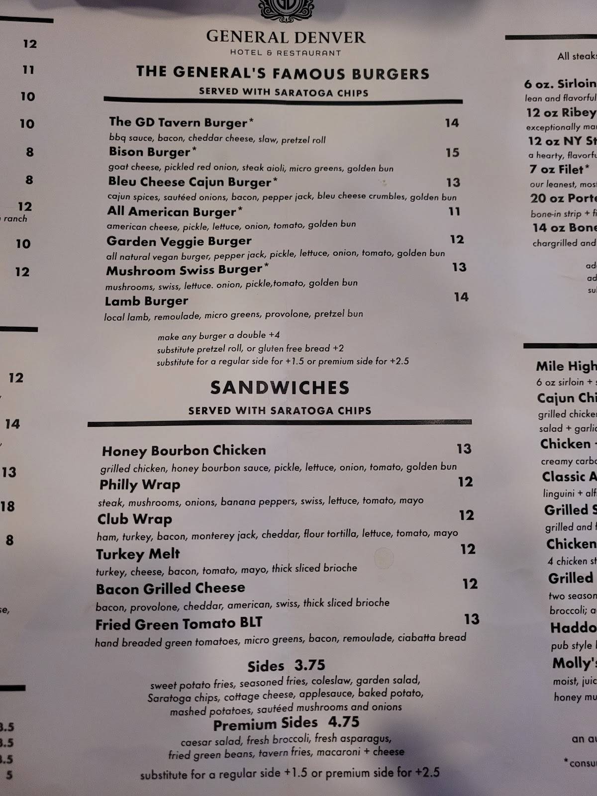 Menu at General Denver Hotel restaurant, Wilmington
