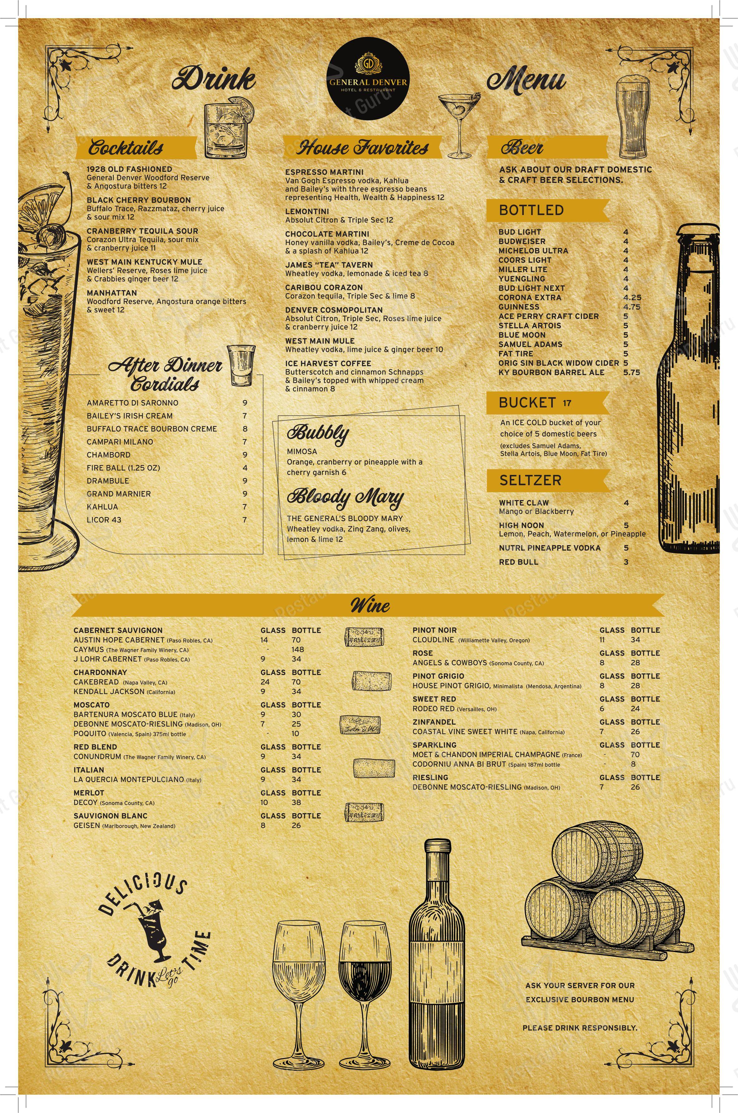Menu at General Denver Hotel restaurant, Wilmington