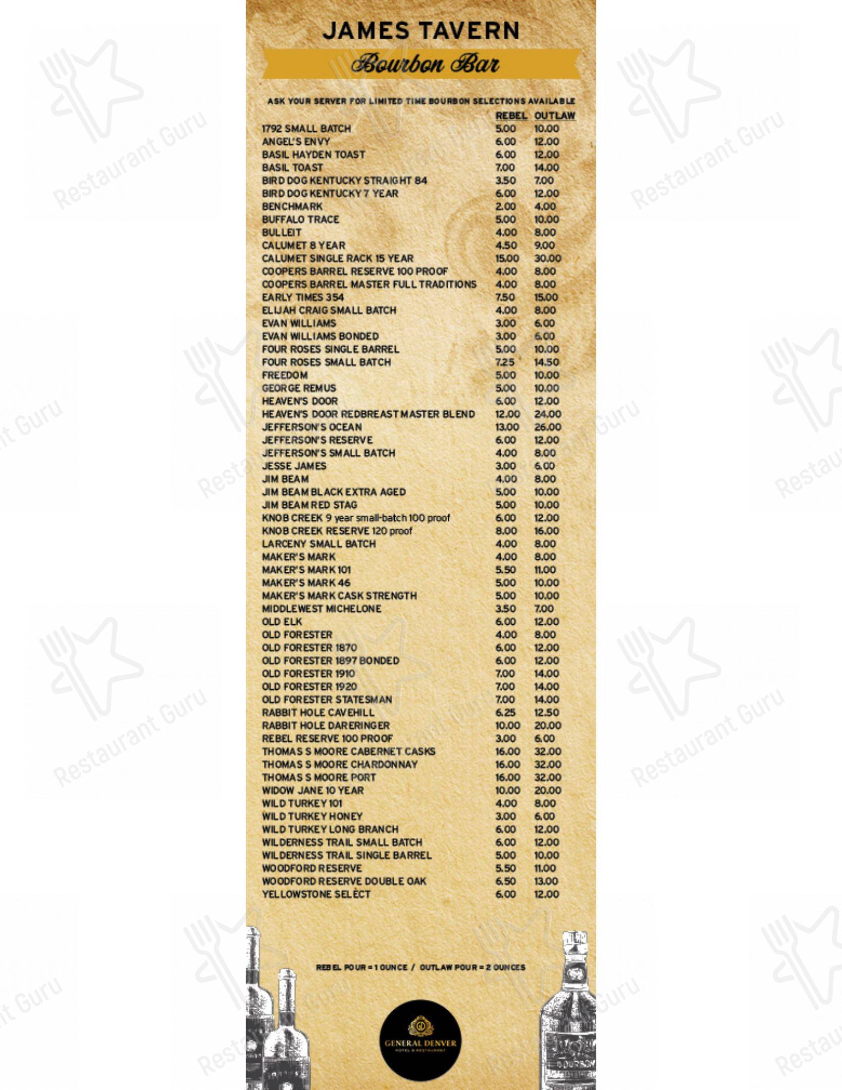 Menu at General Denver Hotel restaurant, Wilmington