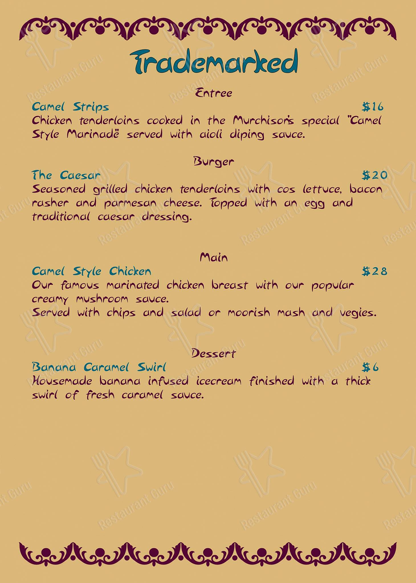 Menu at Camel Bar, Geraldton
