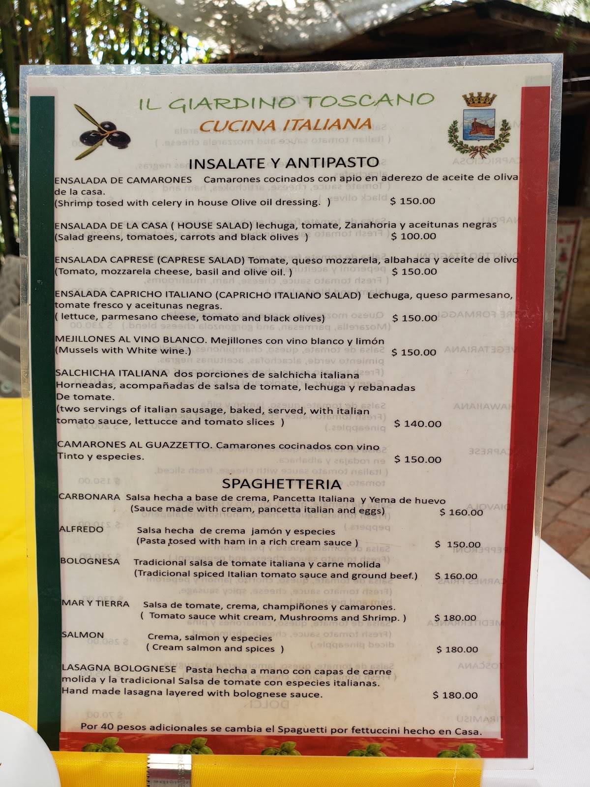 Menu at Giardino toscano restaurant, San Miguel de Allende