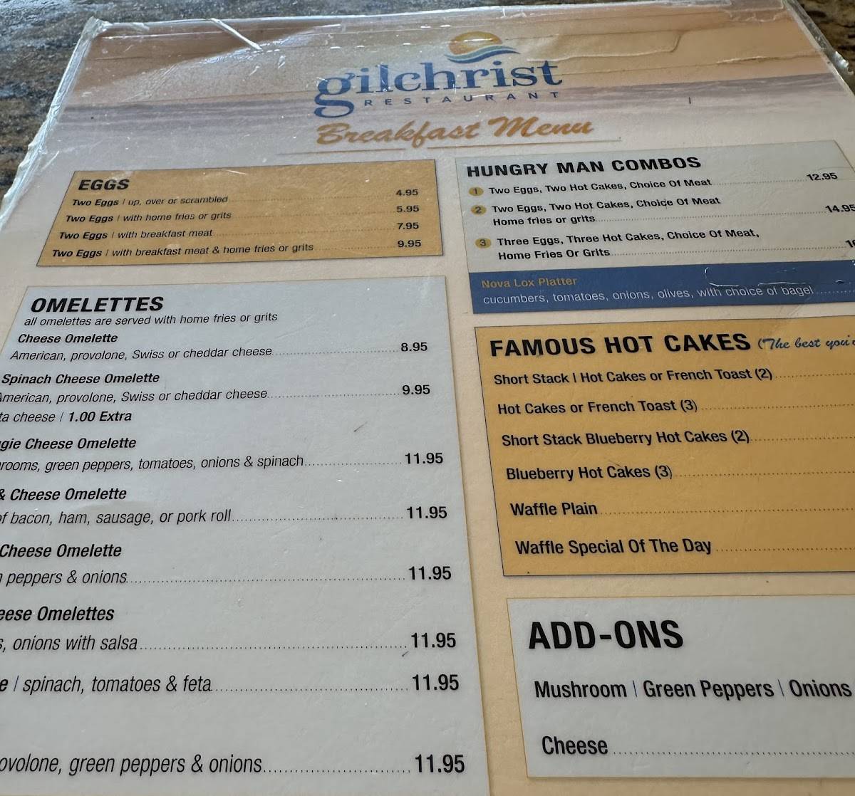 Menu at Gilchrist Downbeach Restaurant, Margate City