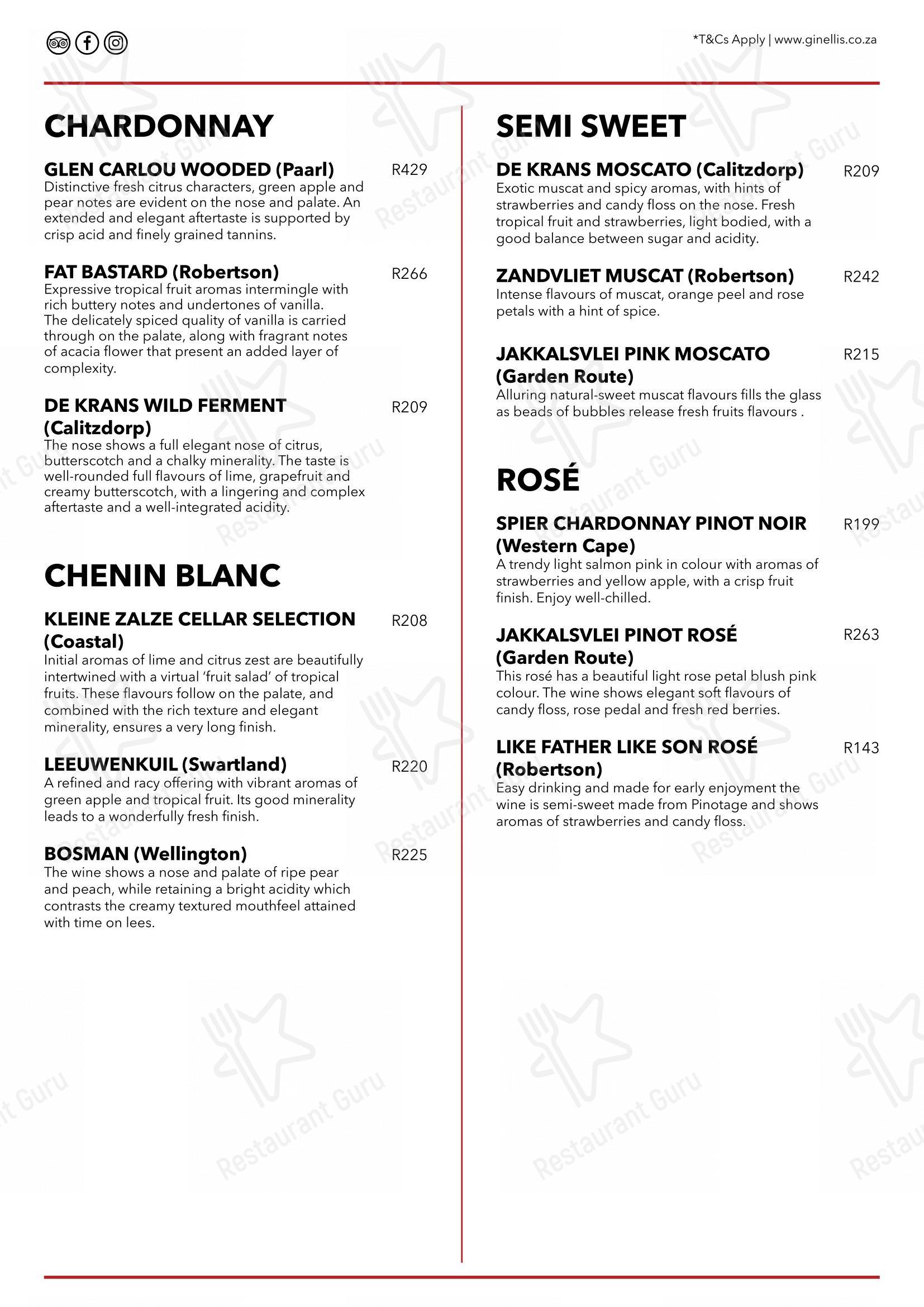 Menu at Ginellis Restaurant, Middelburg, Shop no. 3