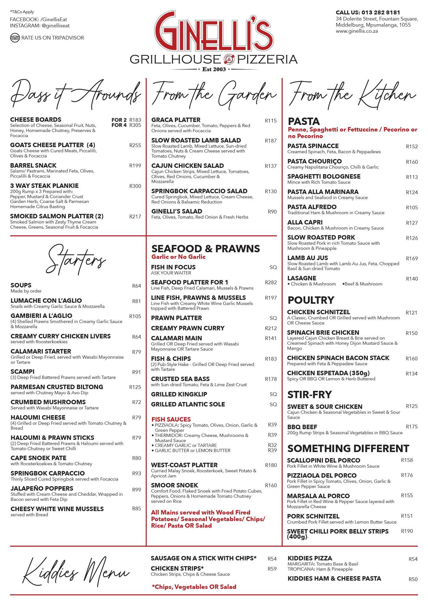 Menu at Ginellis Restaurant, Middelburg, Shop no. 3
