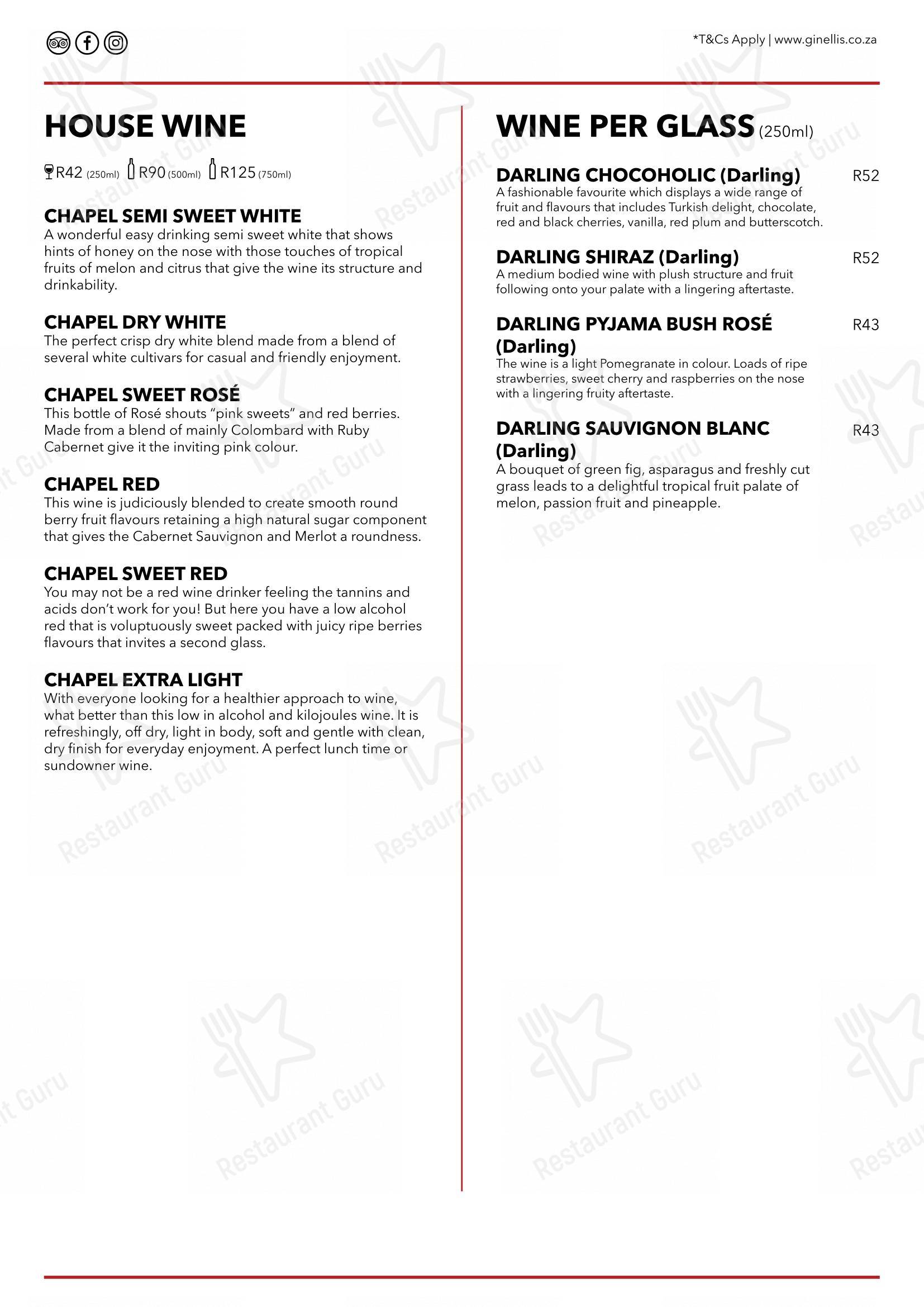 Menu at Ginellis Restaurant, Middelburg, Shop no. 3
