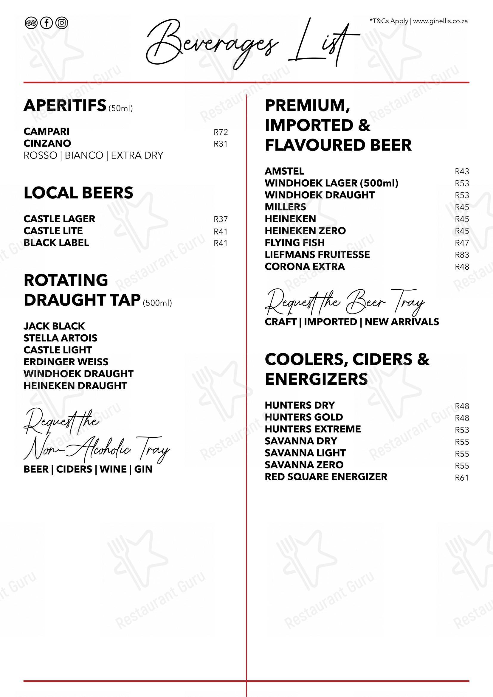 Menu at Ginellis Restaurant, Middelburg, Shop no. 3