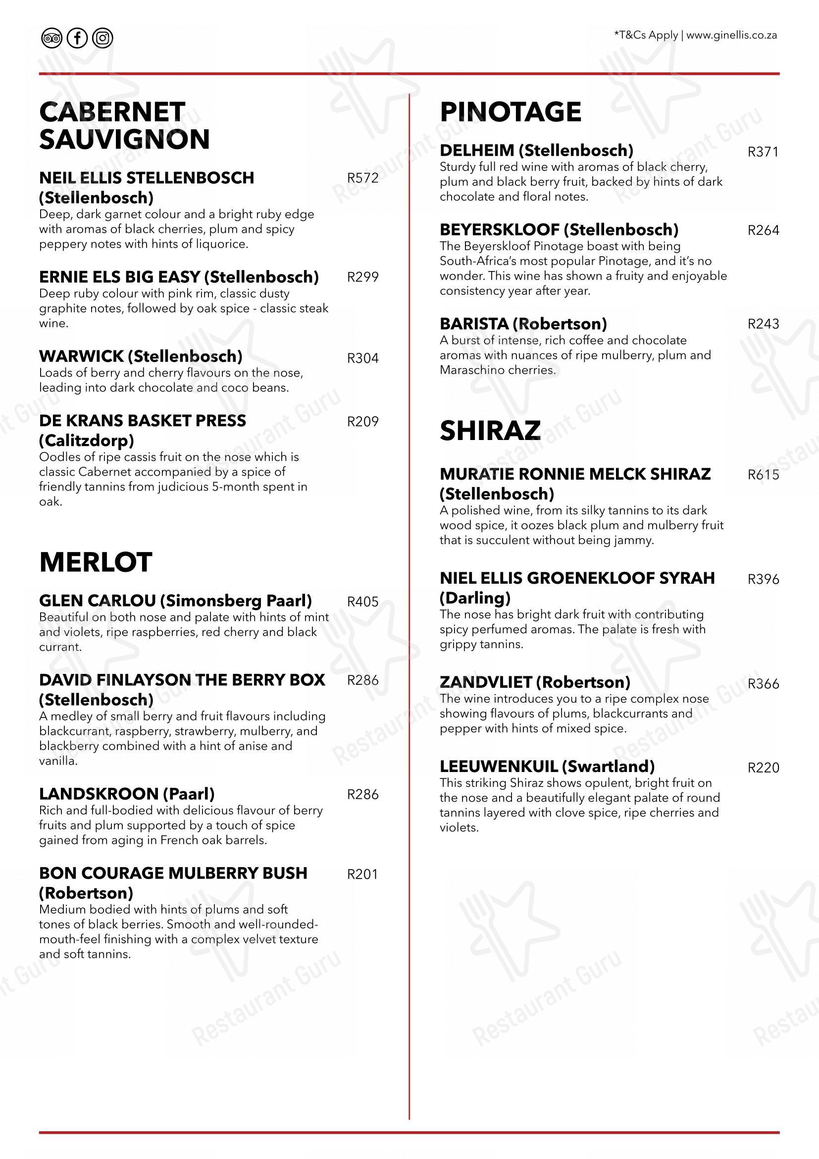 Menu at Ginellis Restaurant, Middelburg, Shop no. 3