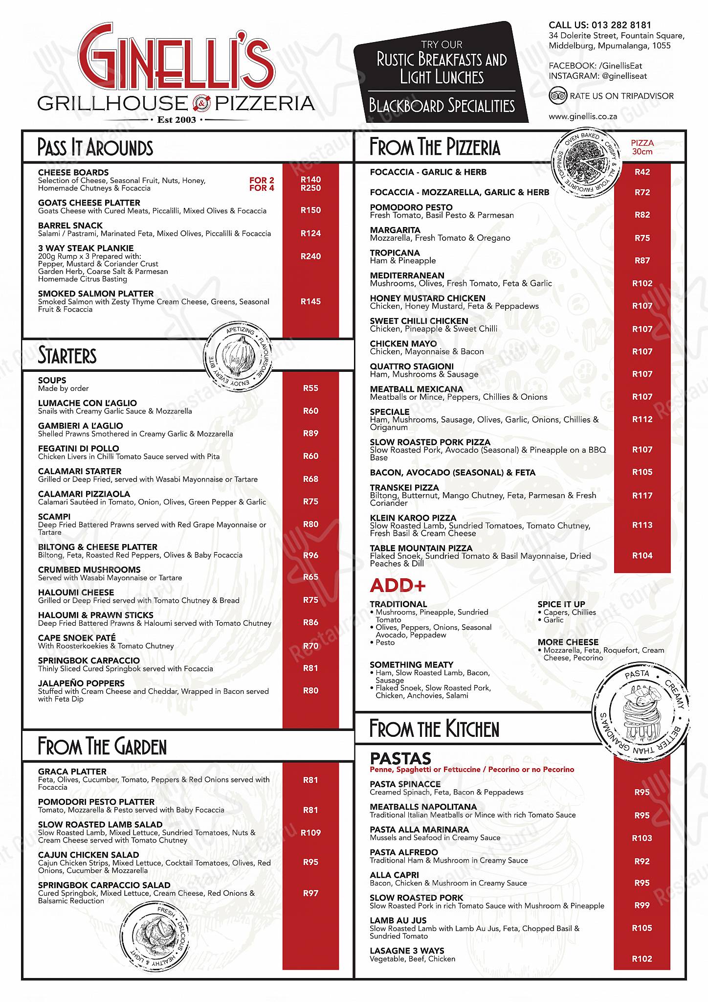 Menu at Ginellis Restaurant, Middelburg, Shop no. 3