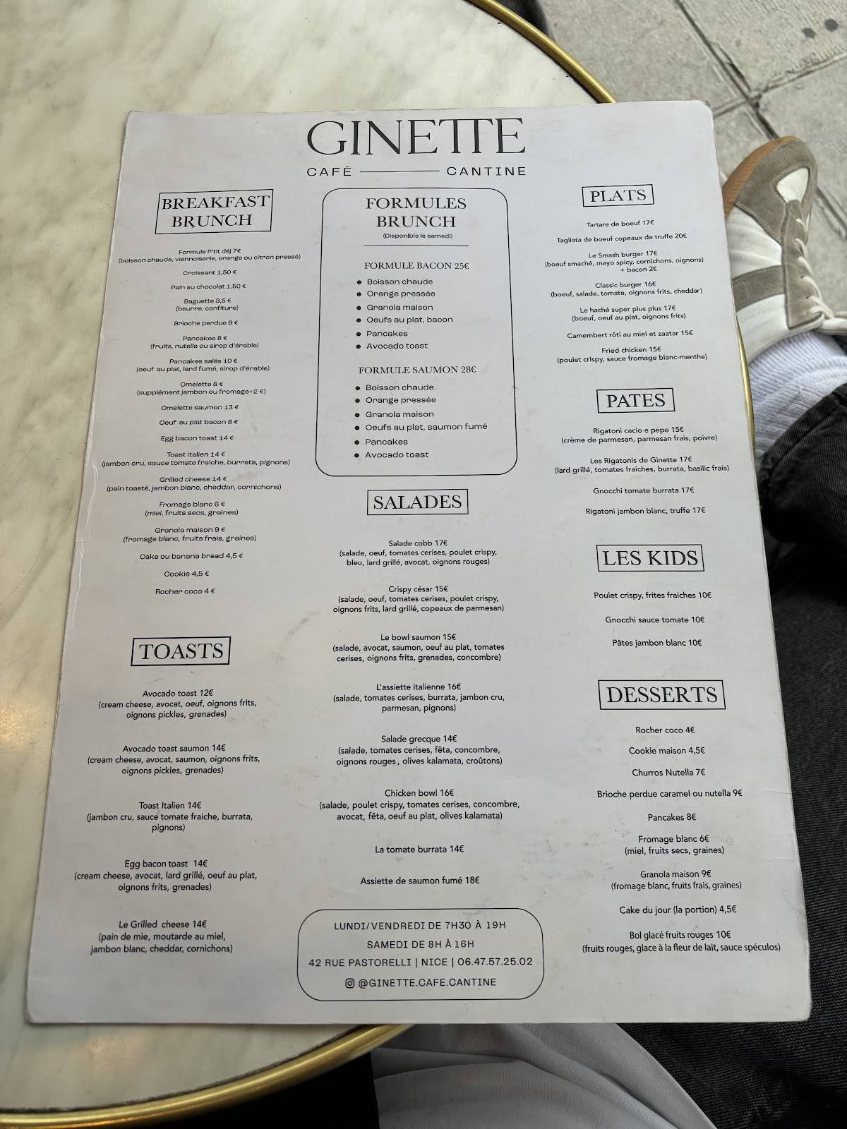 Menu au Ginette Café Cantine, Nice, 42 Rue Pastorelli