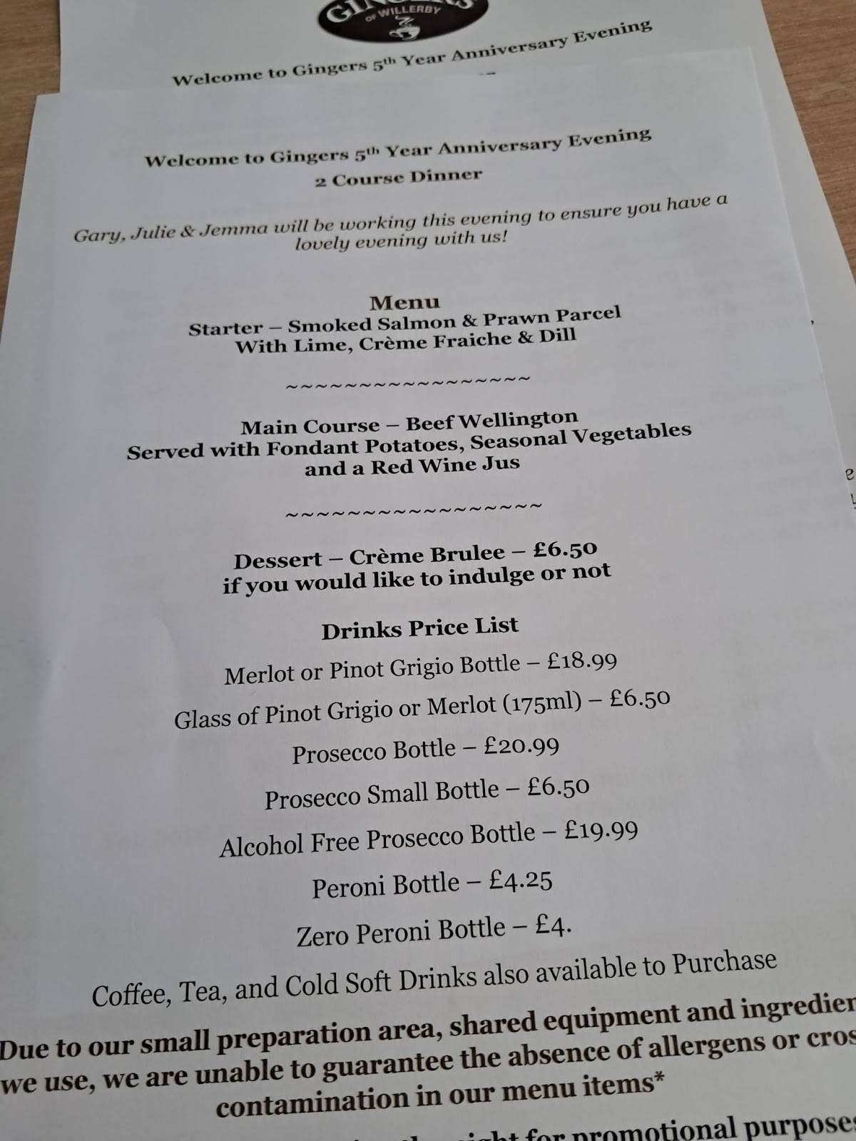 Menu at Gingers of Willerby pub & bar, Willerby