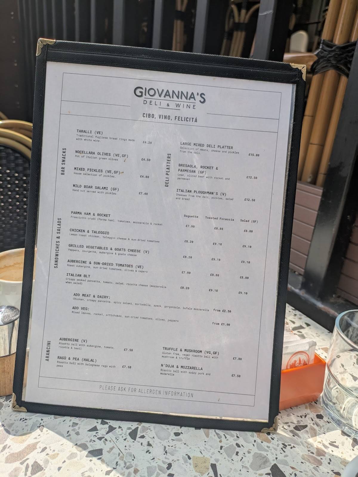 Menu at Giovanna’s Deli & Wine restaurant, London