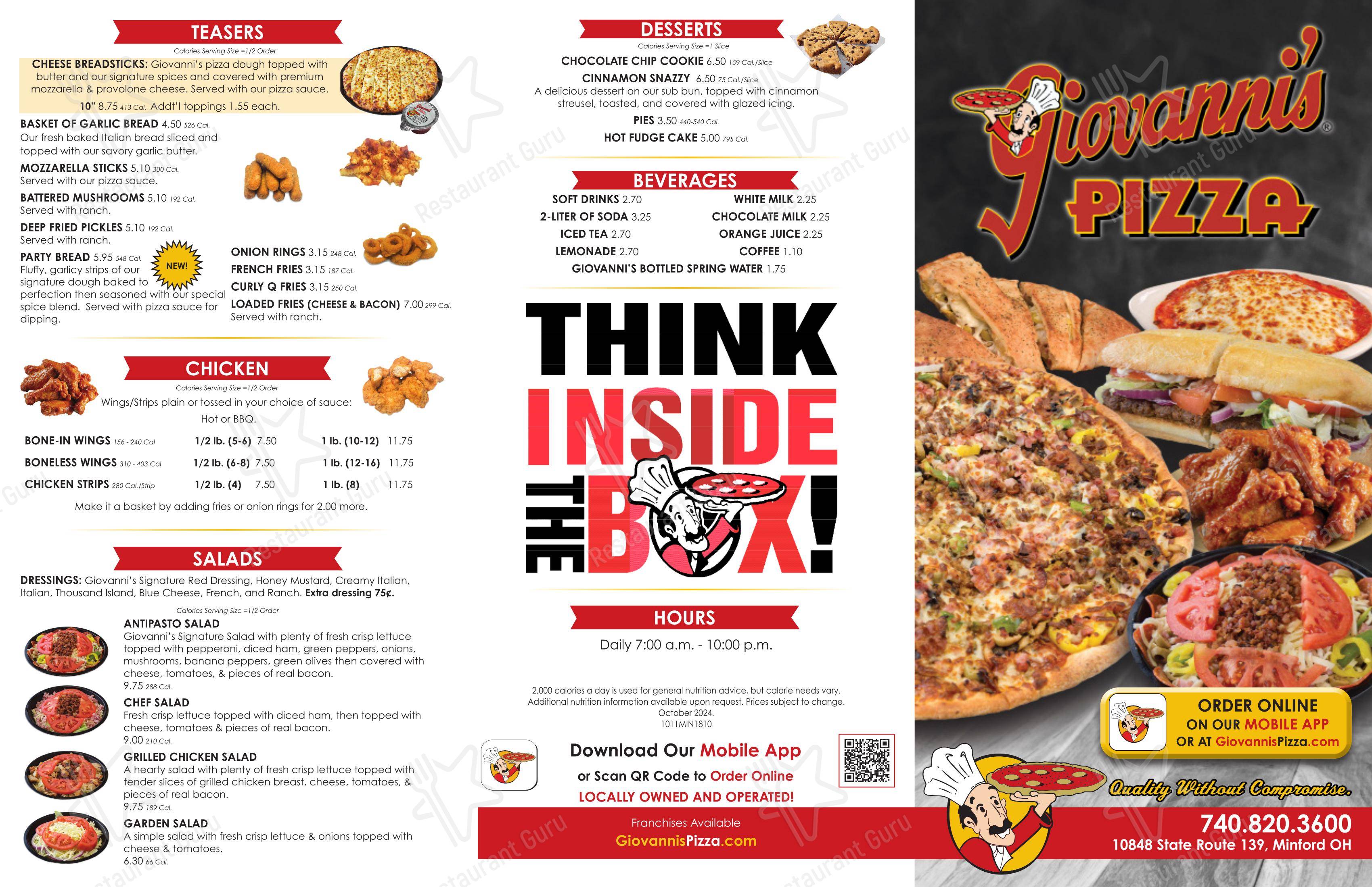 Menu at Giovanni's Pizza pizzeria, Minford