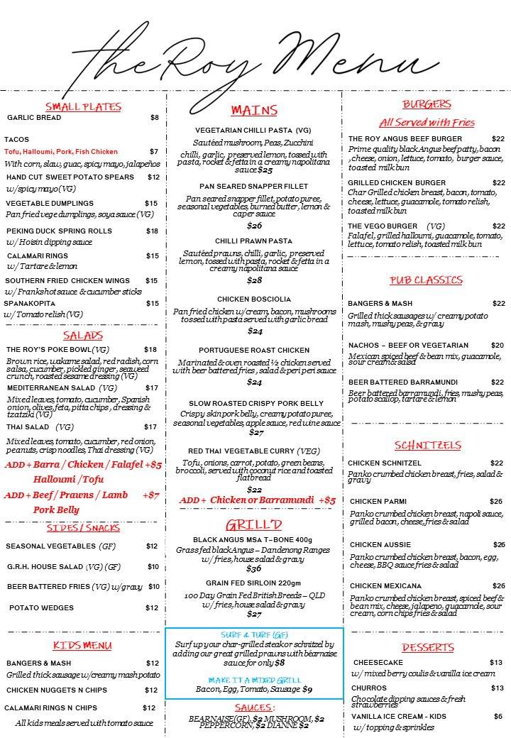 Menu at Glenroy Hotel pub & bar, Sydney