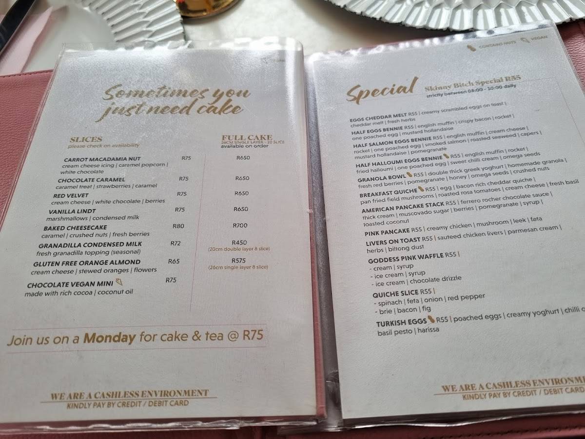 Menu at Goddess Cafe Linden, Johannesburg