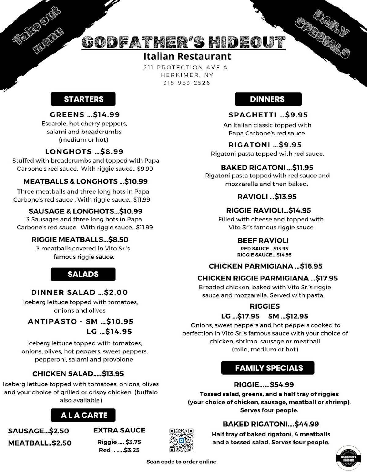 Menu at Godfather's Hideout restaurant, Herkimer