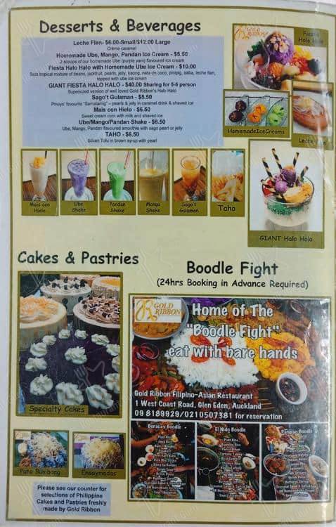Menu at Gold Ribbon restaurant, Auckland