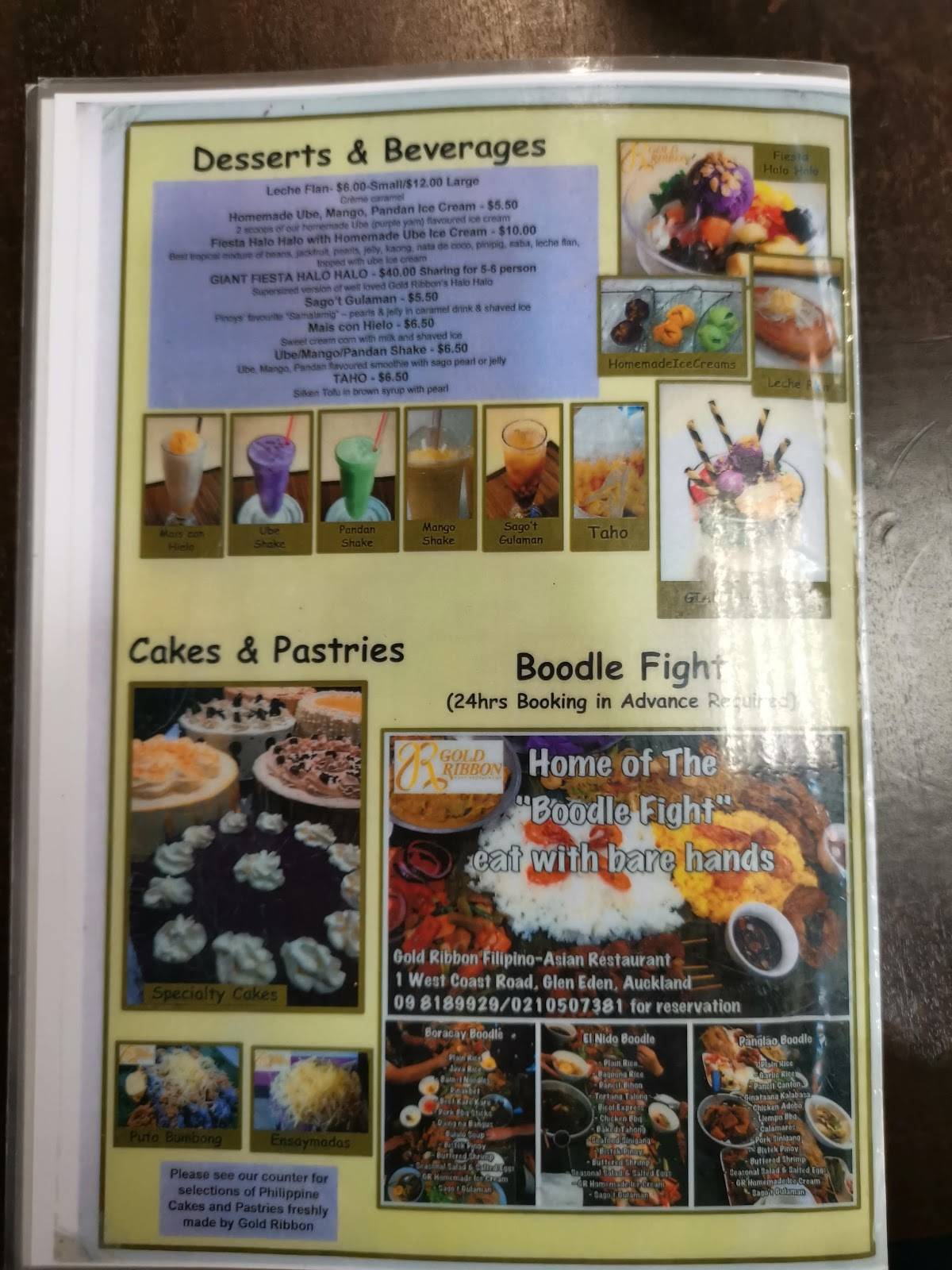 Menu at Gold Ribbon restaurant, Auckland