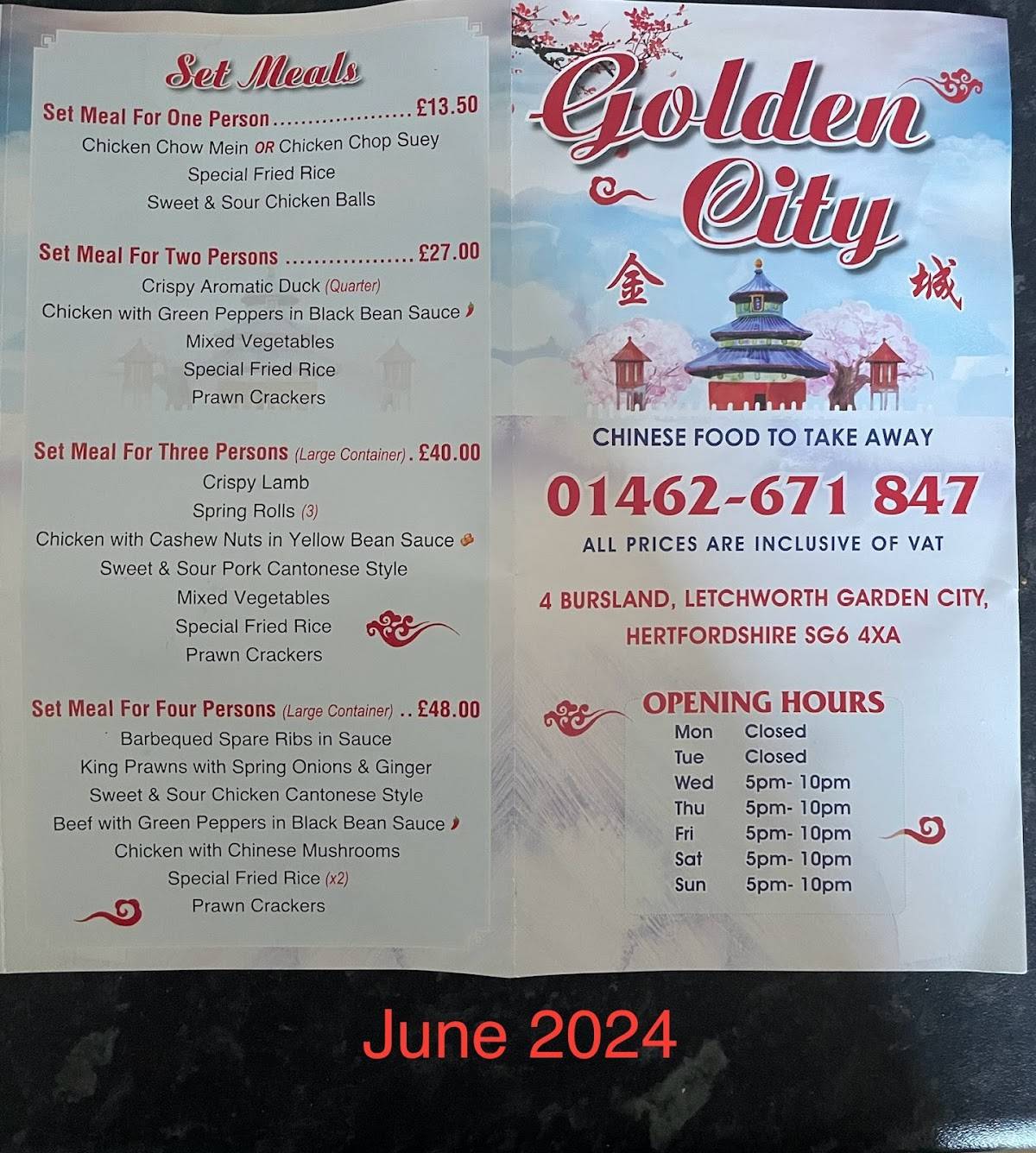 Menu at Golden City restaurant, Letchworth Garden City