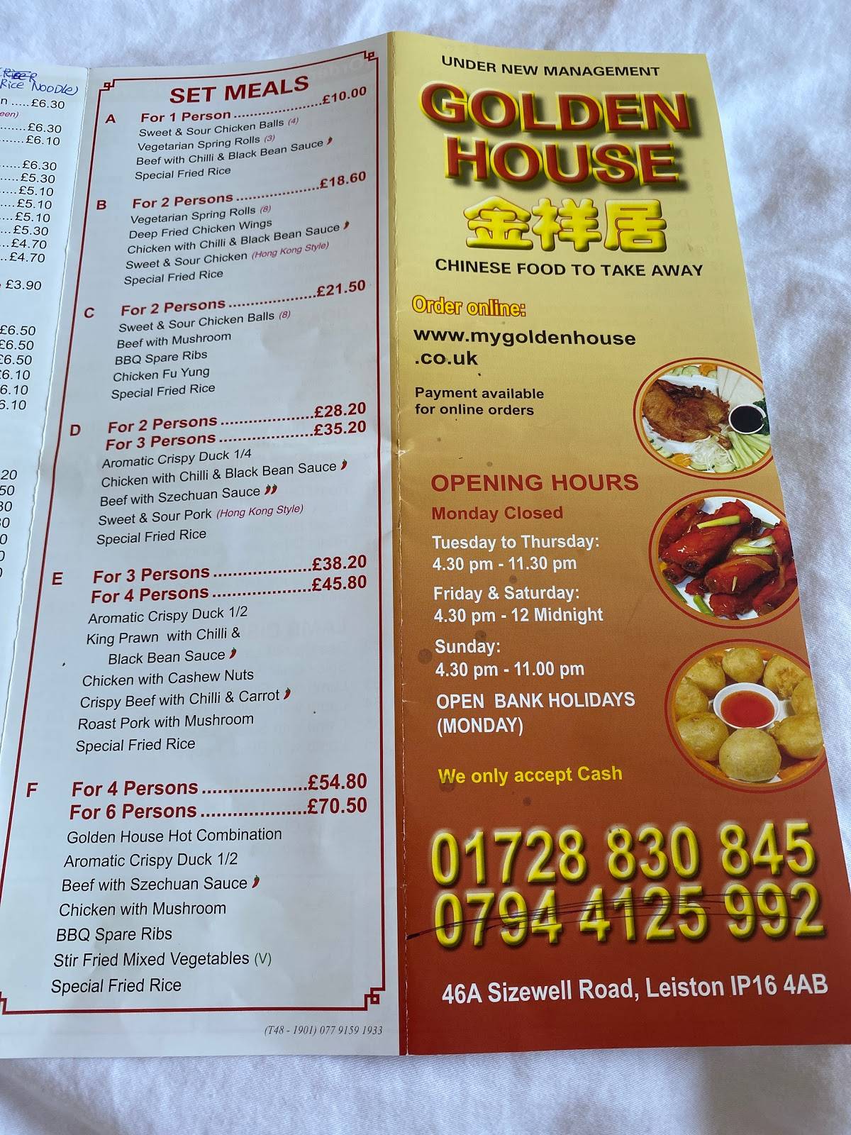 Menu at Golden House restaurant, Leiston