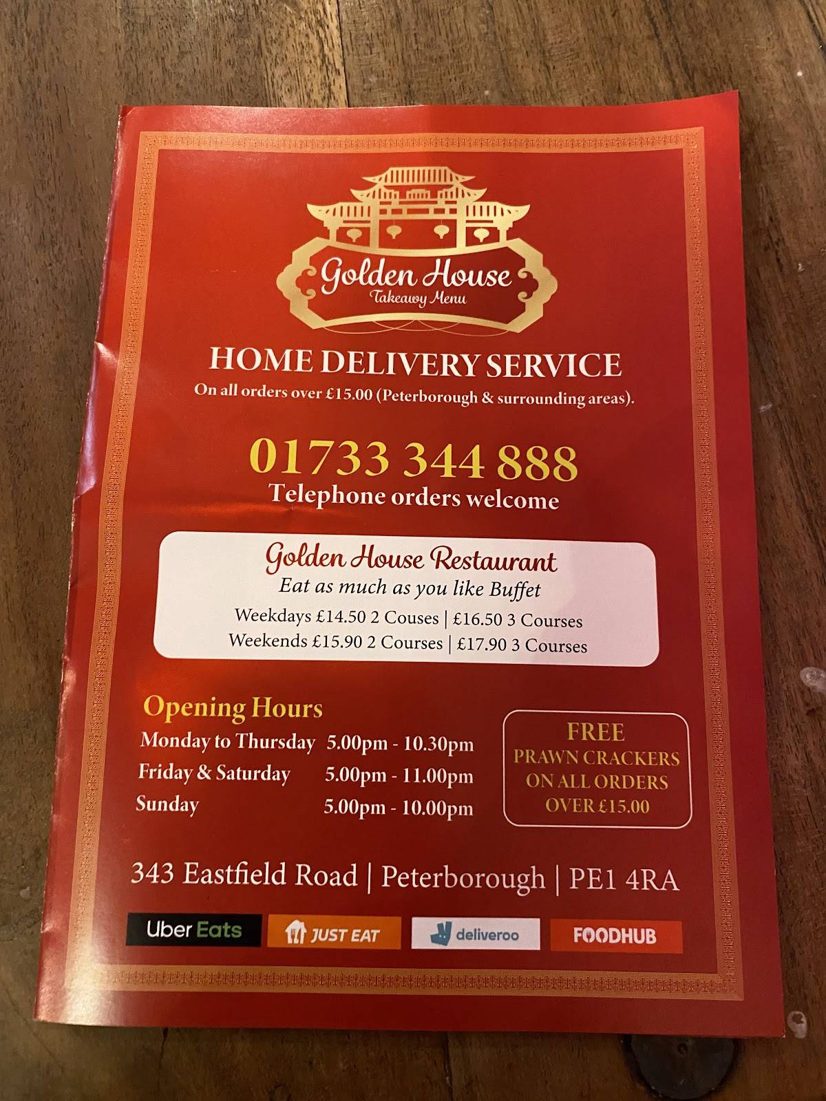 Menu at Golden House restaurant, Peterborough, 343 Eastfield Rd