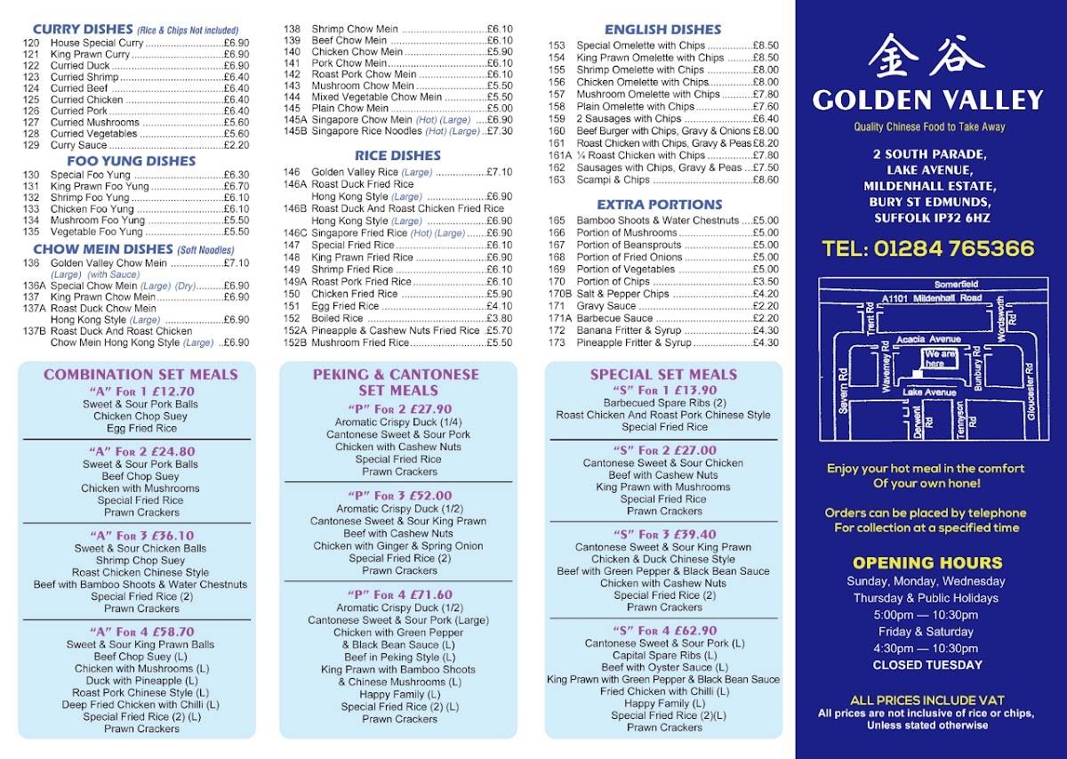 Menu at Golden Valley restaurant, Bury Saint Edmunds, 2