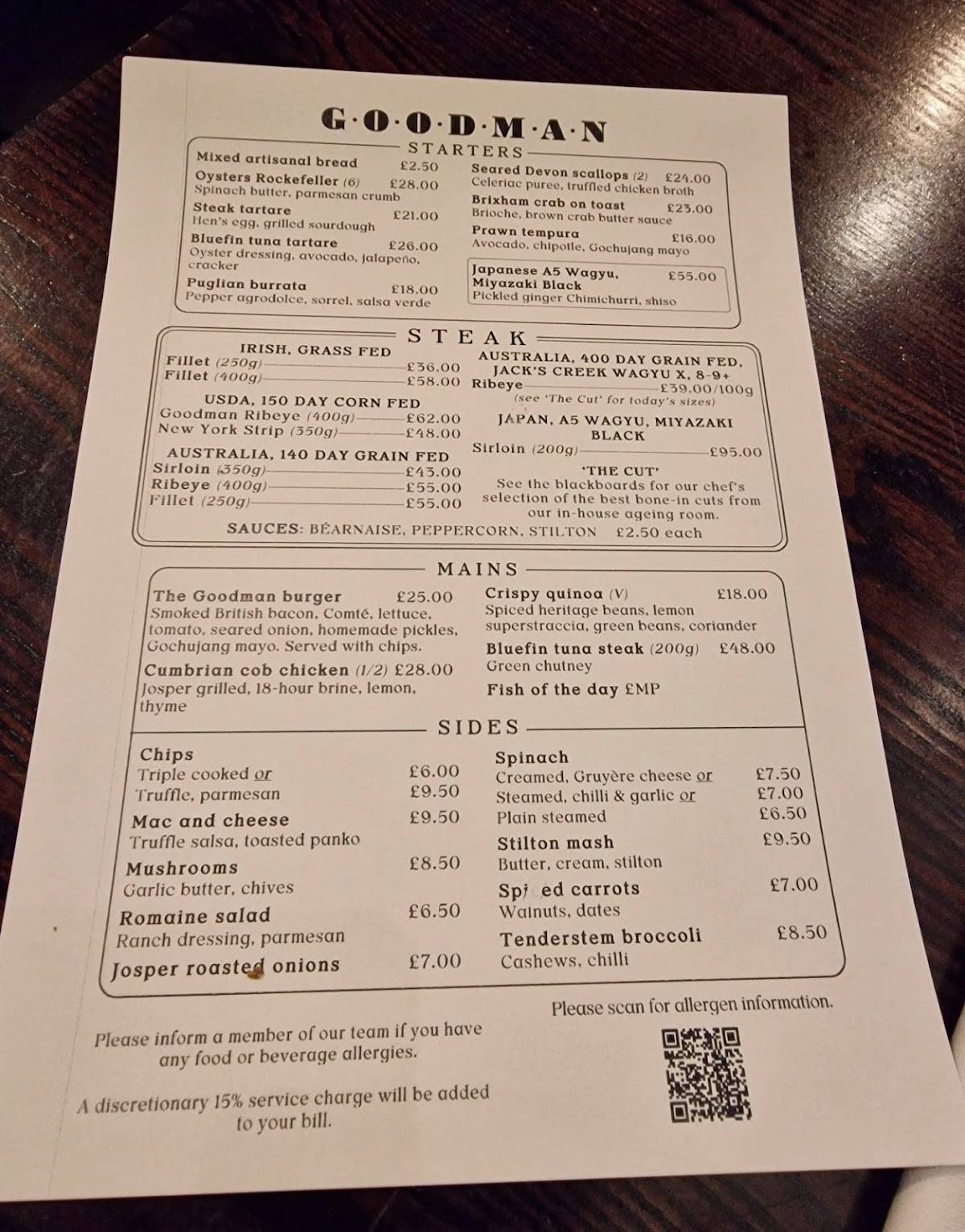 Menu at Goodman steakhouse, London, 24-26 Maddox St