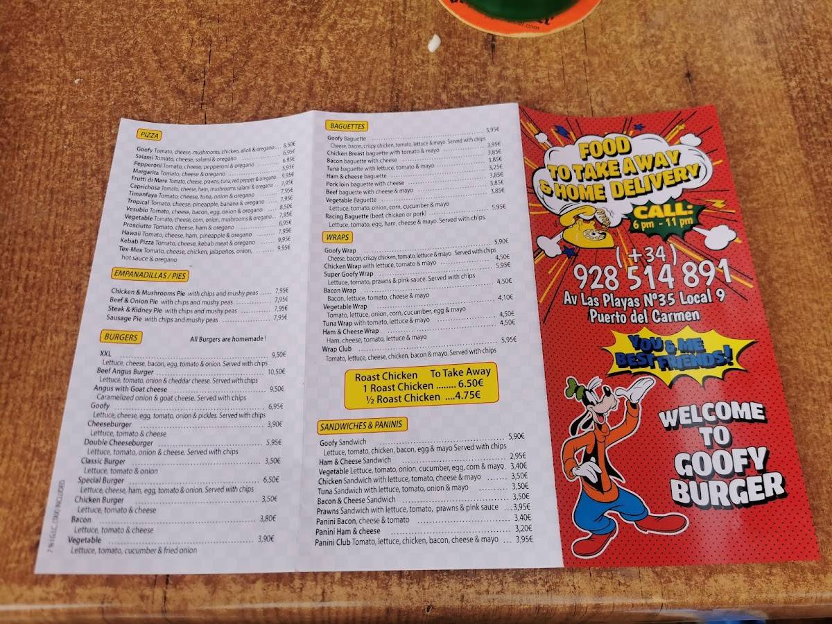 Menu at Goofy Burger restaurant, Tías