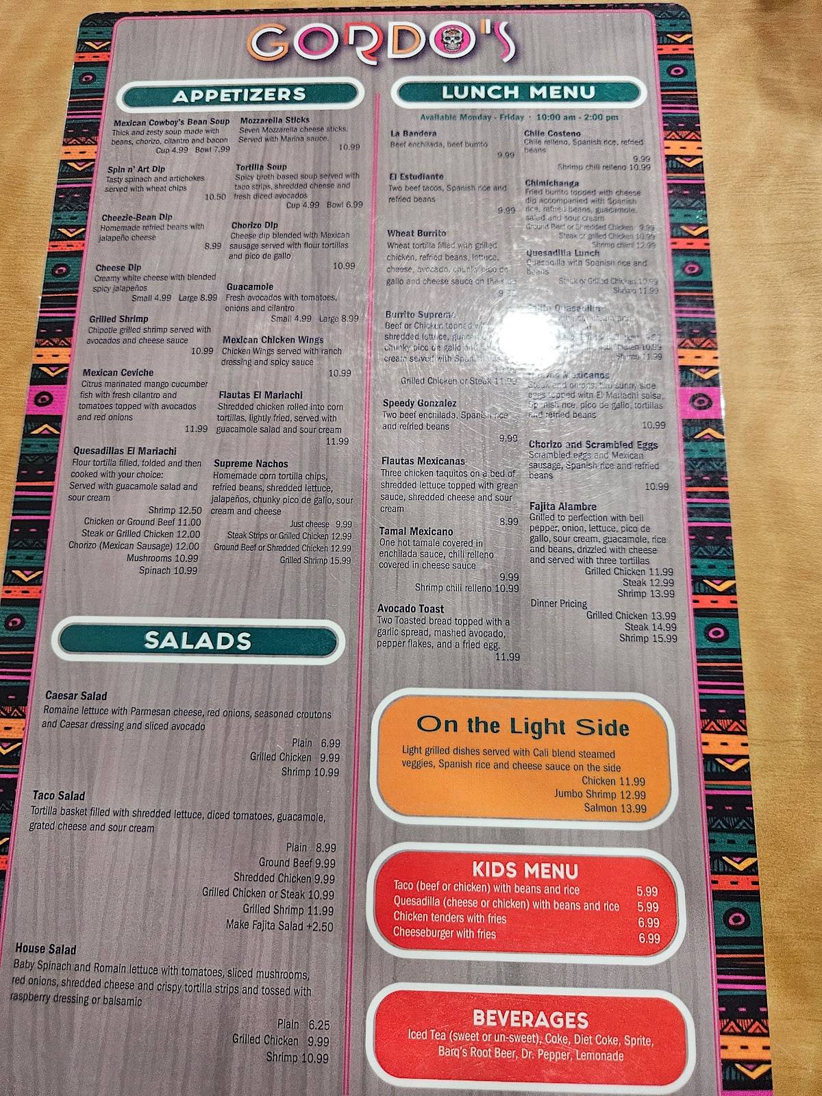 Menu at Gordo's Cafe, Albany