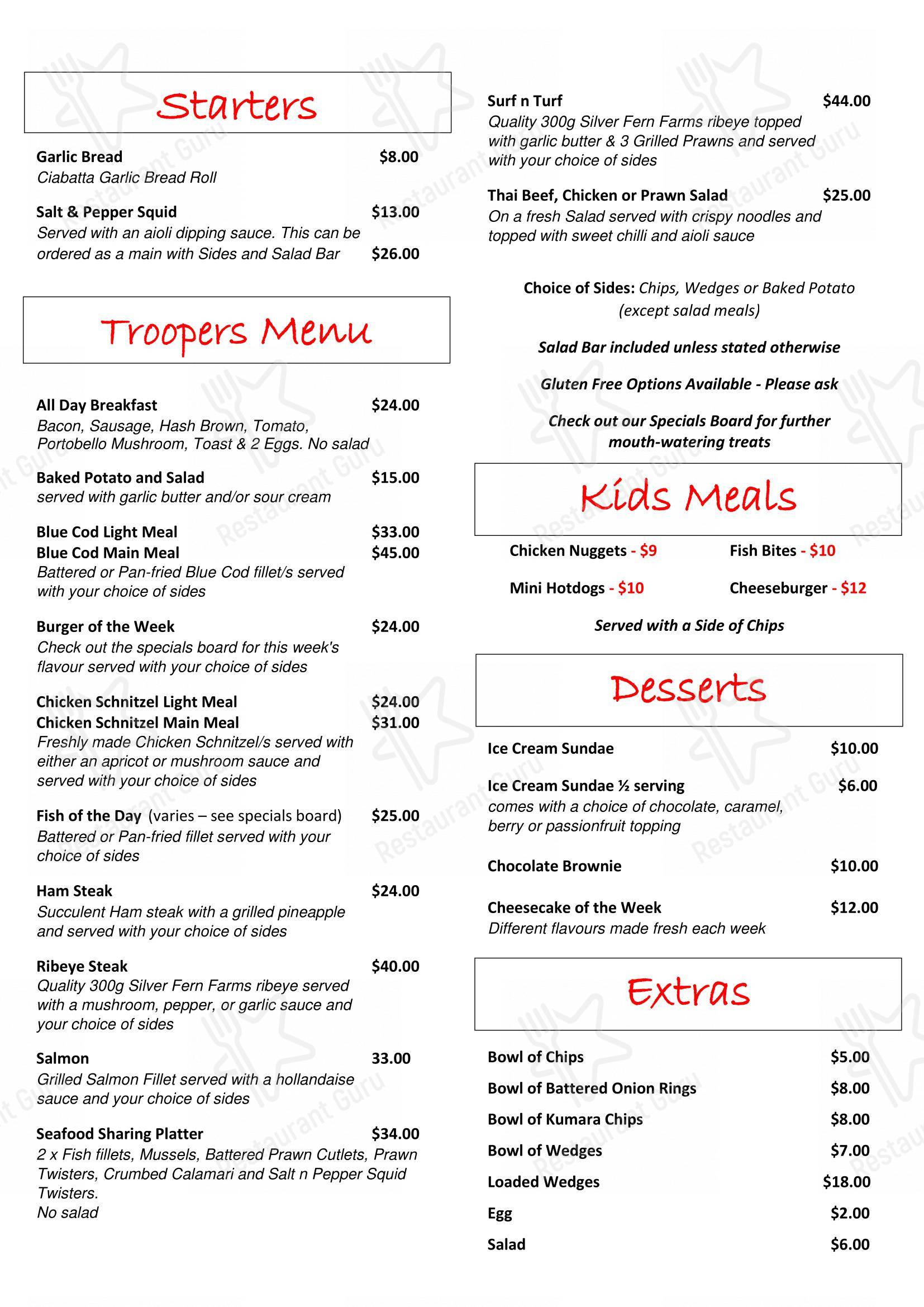 Menu at Gore District Memorial RSA pub & bar, Gore