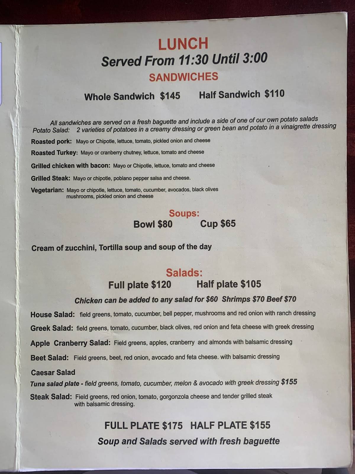 Menu at Gosha's Restaurant, Ajijic