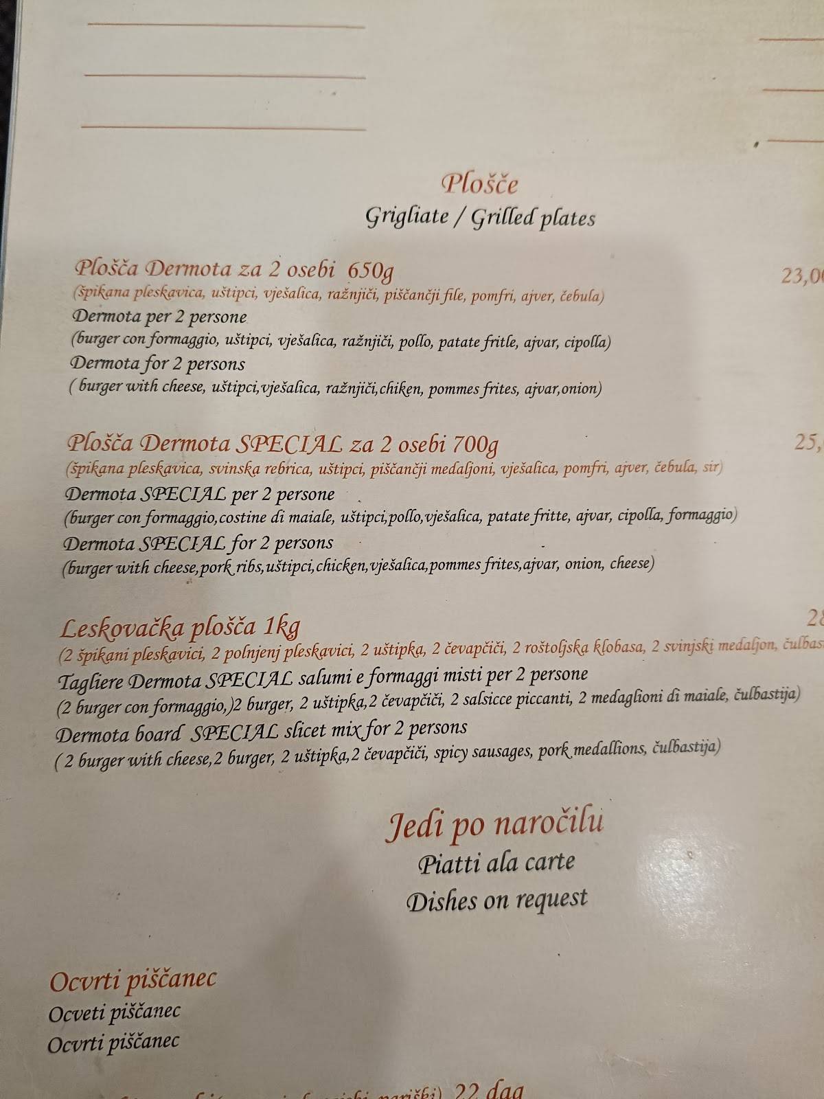 Menu at Gostilna Dermota grill restaurant, Deskle