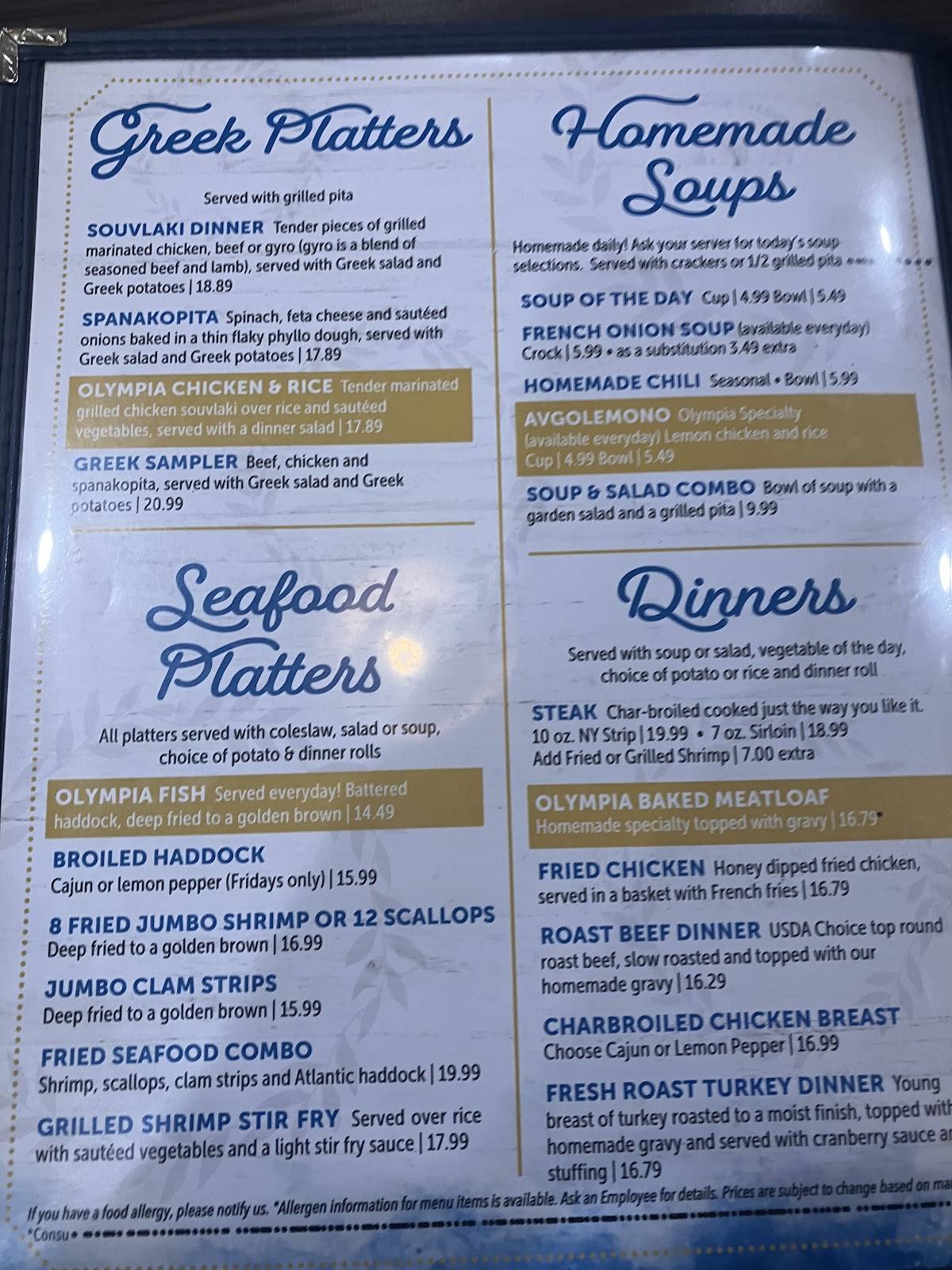 Menu at Olympia Restaurant, Gowanda