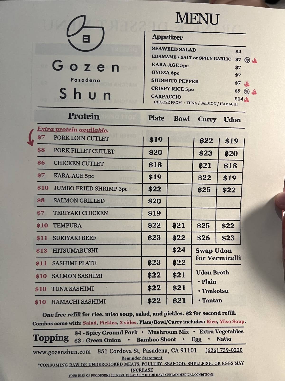Menu at Gozen Shun Pasadena restaurant, Pasadena