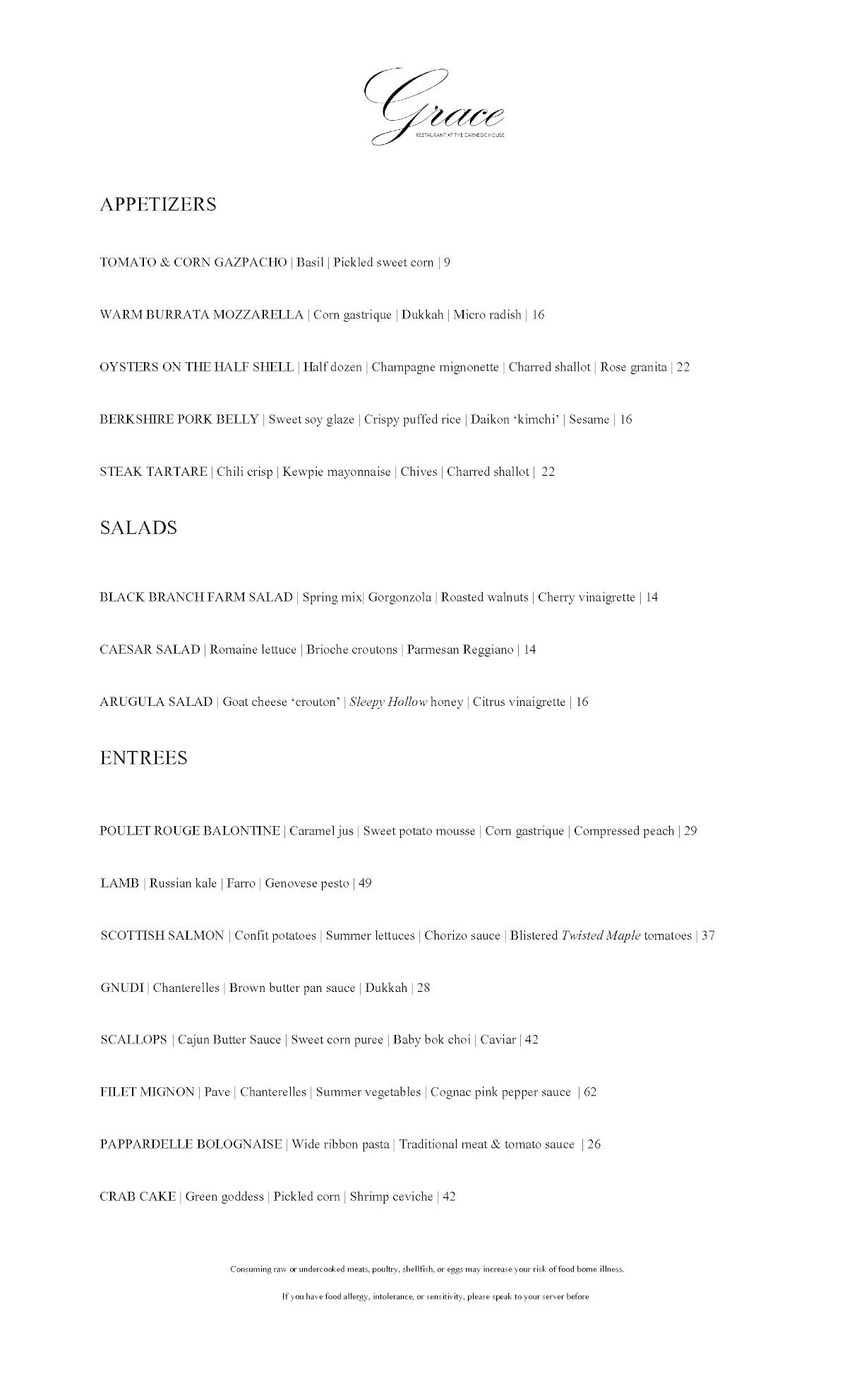 Menu at Grace Restaurant, State College