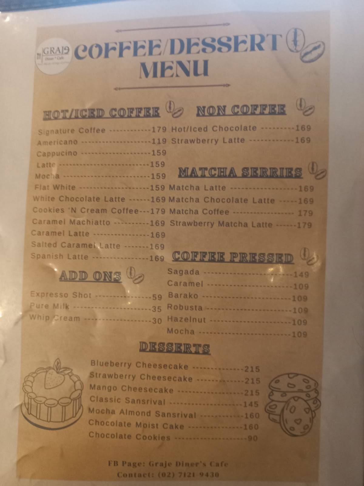 Menu at Graje Diner Cafe, Quezon City