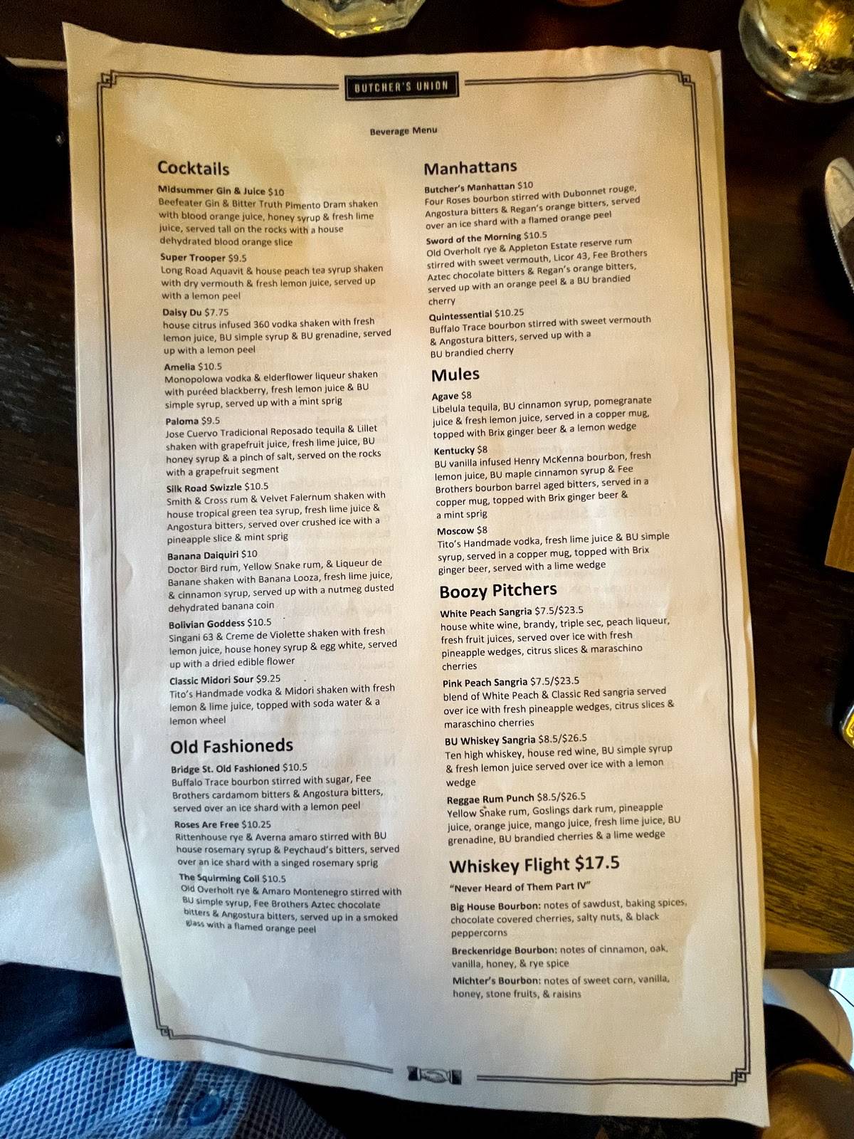 Menu at Butcher's Union pub & bar, Grand Rapids, 438 Bridge St NW
