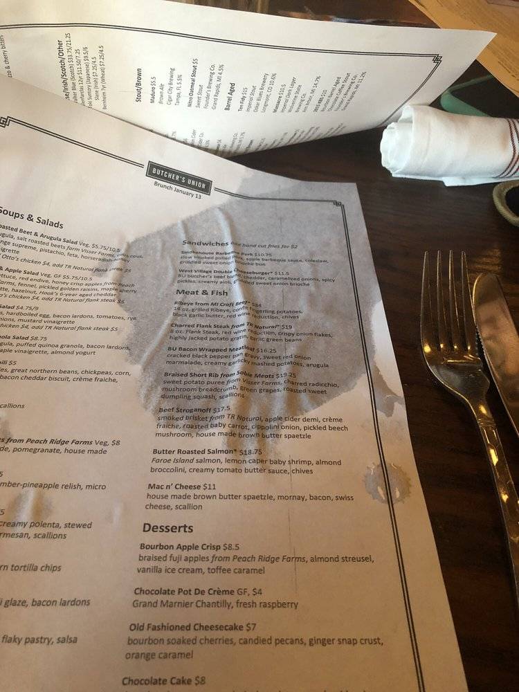Menu at Butcher's Union pub & bar, Grand Rapids, 438 Bridge St NW