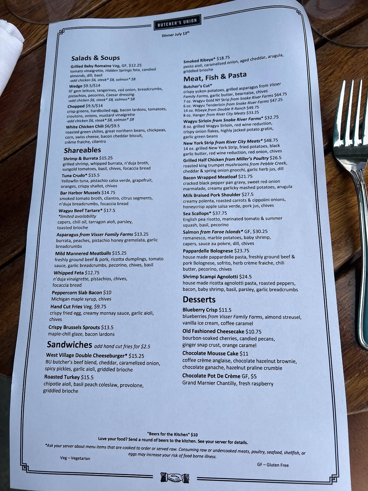 Menu at Butcher's Union pub & bar, Grand Rapids, 438 Bridge St NW
