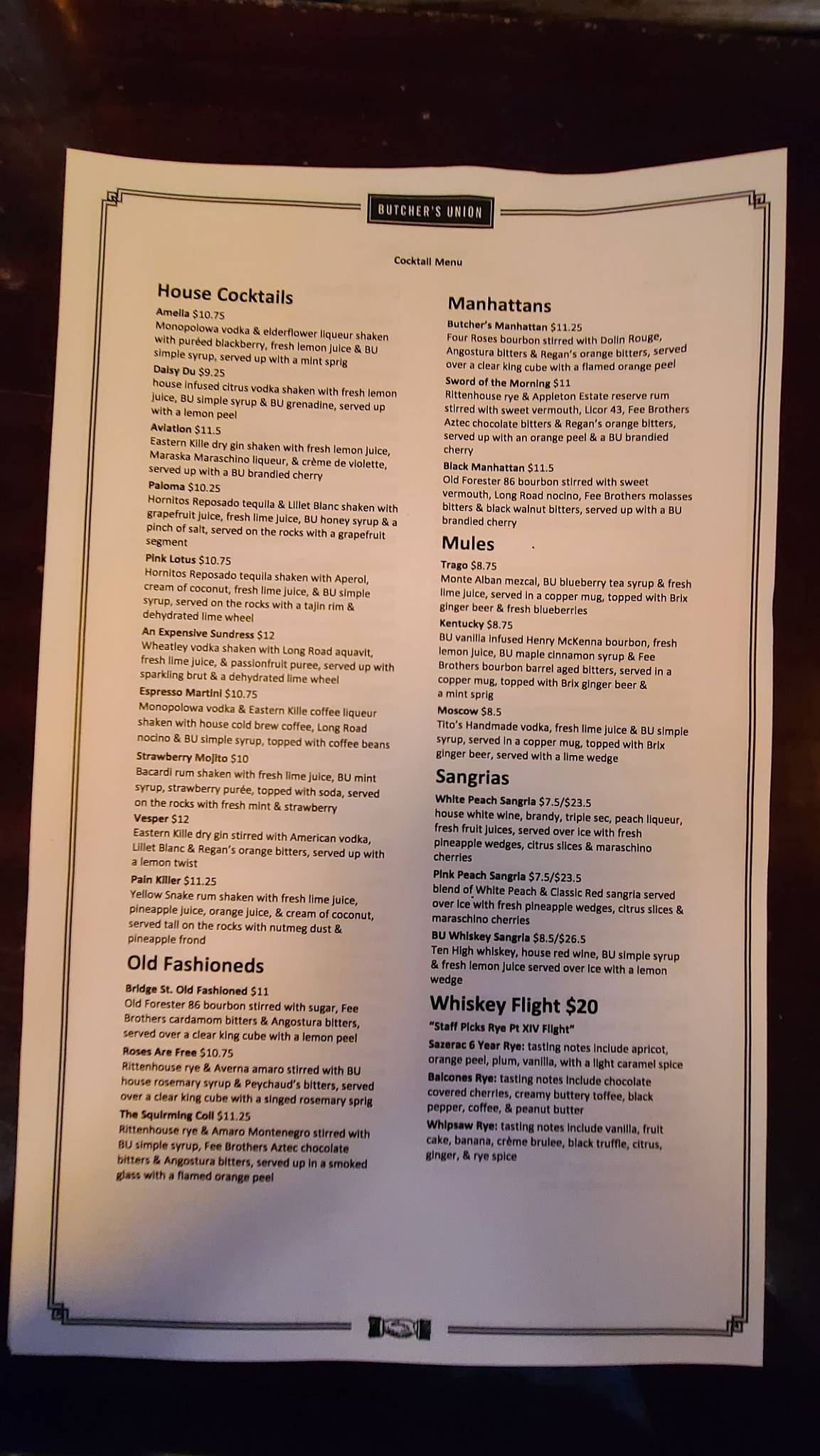 Menu at Butcher's Union pub & bar, Grand Rapids, 438 Bridge St NW