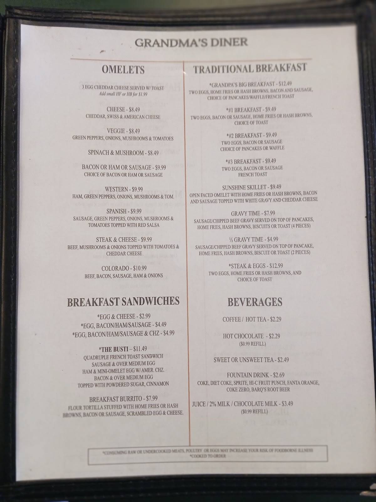 Menu at Grandma's Diner restaurant, Charles Town