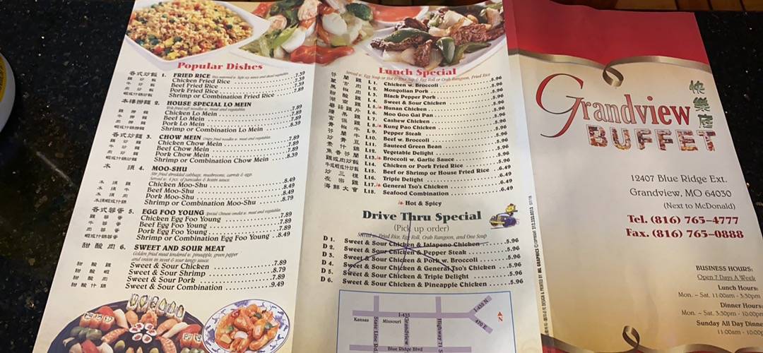 Menu at Grandview Buffet restaurant, Grandview