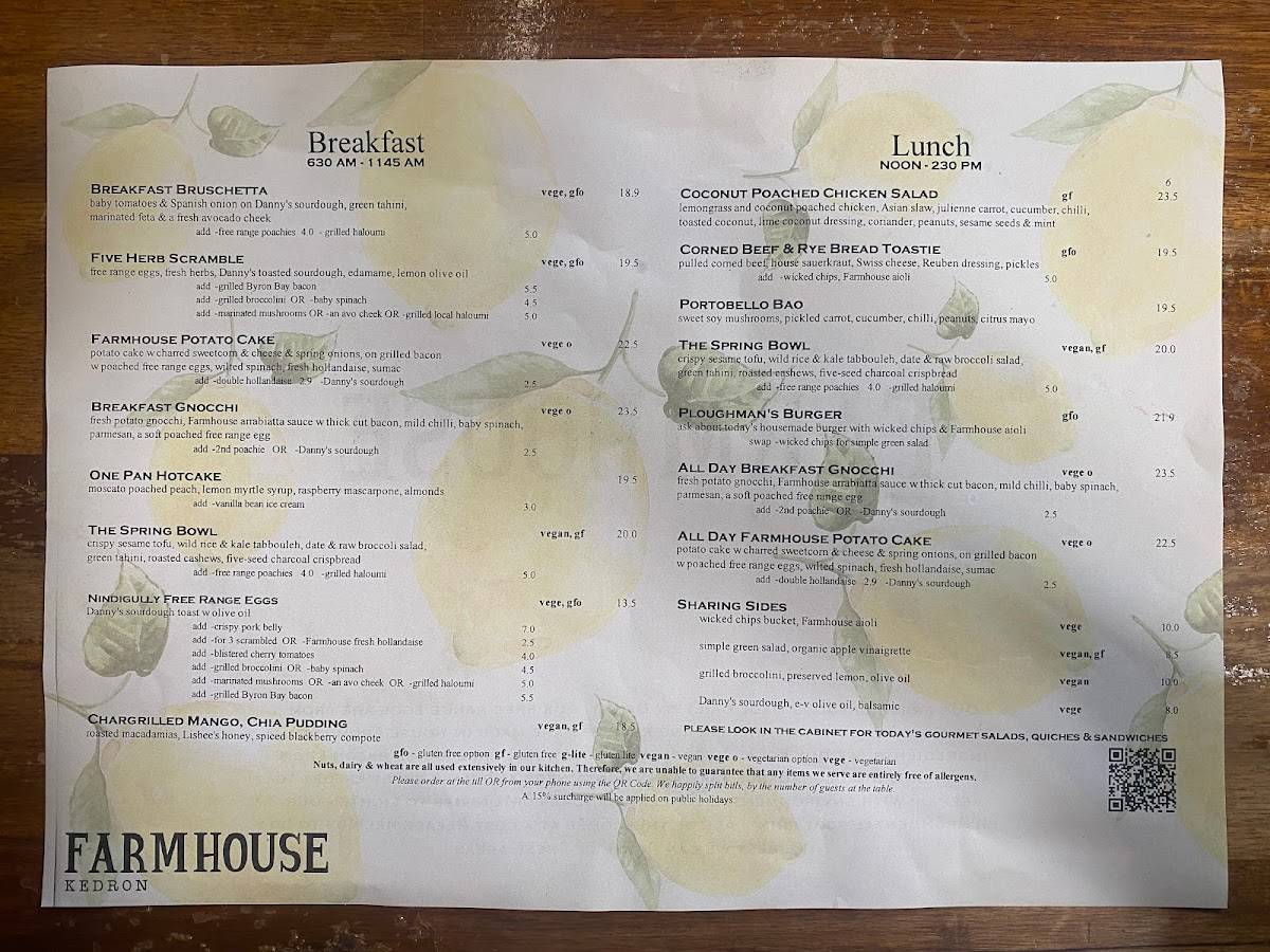 Menu at Farmhouse, Kedron Cafe, Kedron