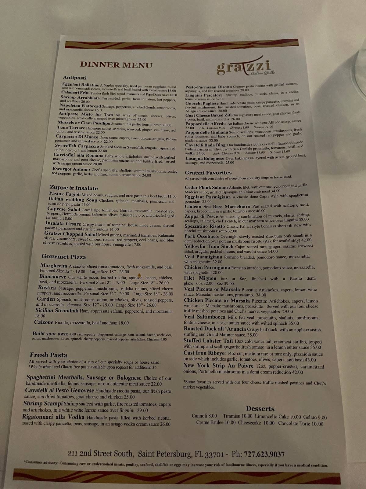 Menu at Gratzzi Italian Grille restaurant, Saint Petersburg