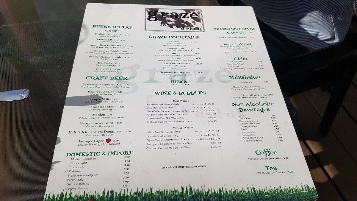 Menu at Graze Food & Drink pub & bar, Canmore