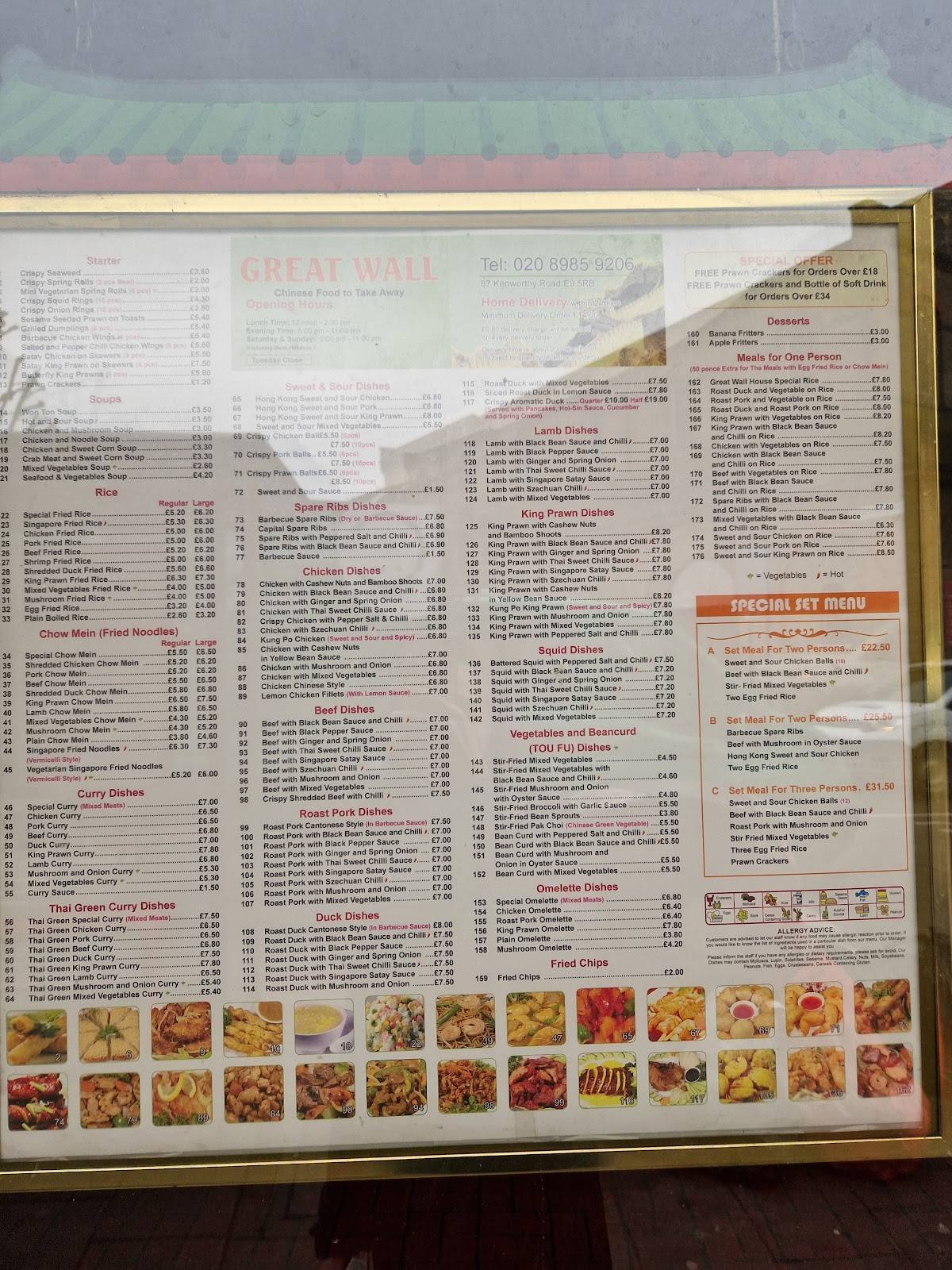 Menu at Great Wall fast food, London, 87 Kenworthy Rd