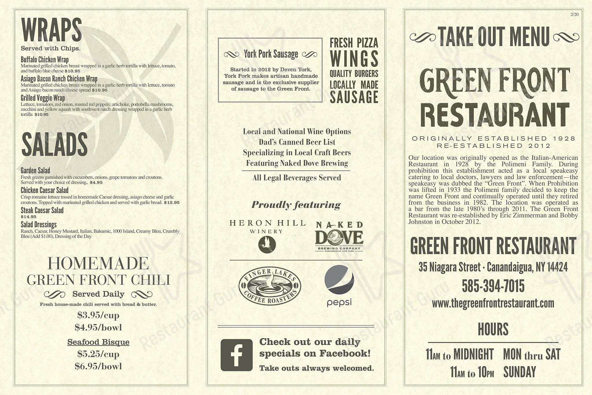 Menu at Green Front restaurant, Canandaigua