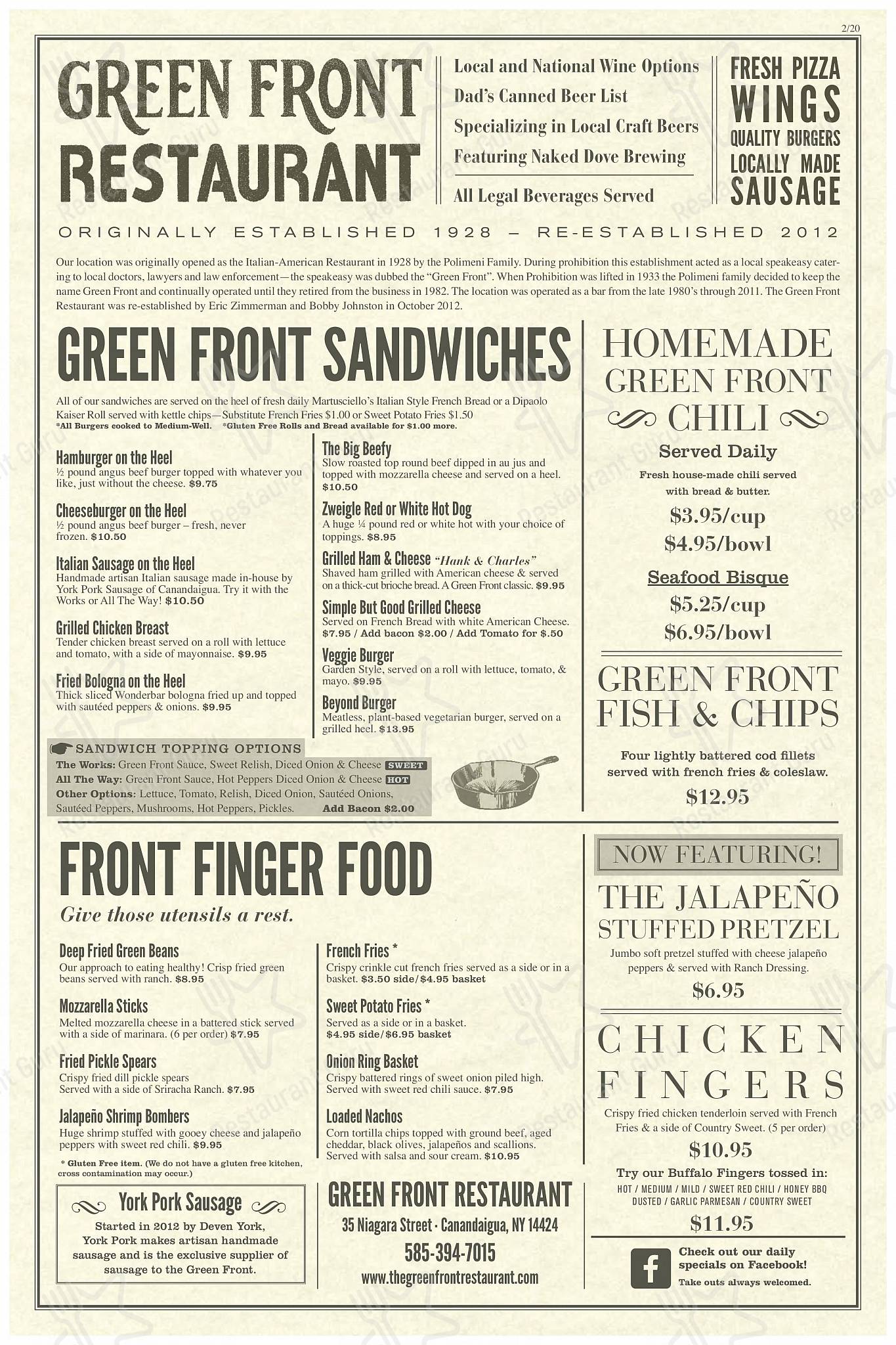 Menu at Green Front restaurant, Canandaigua
