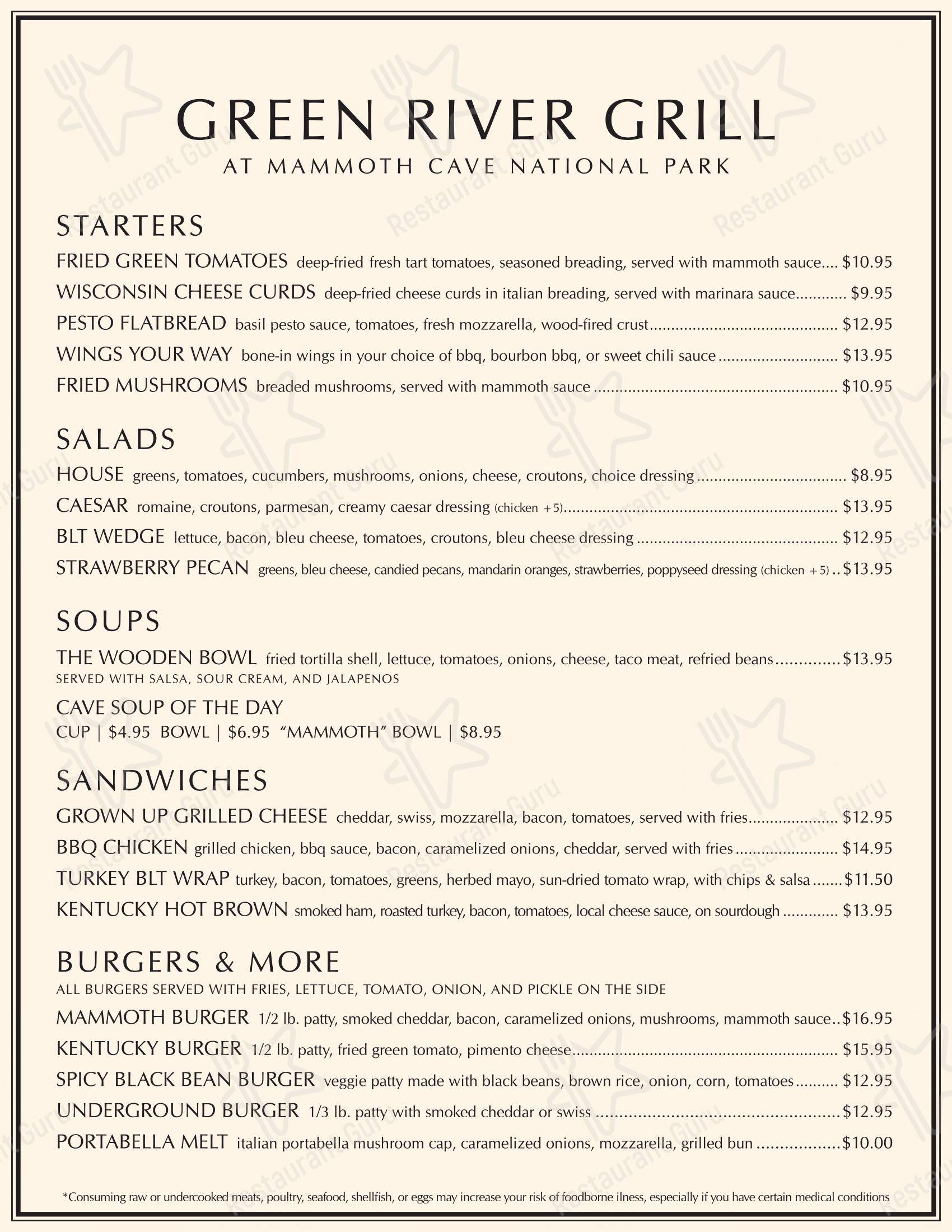 Menu at Green River Grill restaurant, Mammoth Cave, 171 Hotel Road